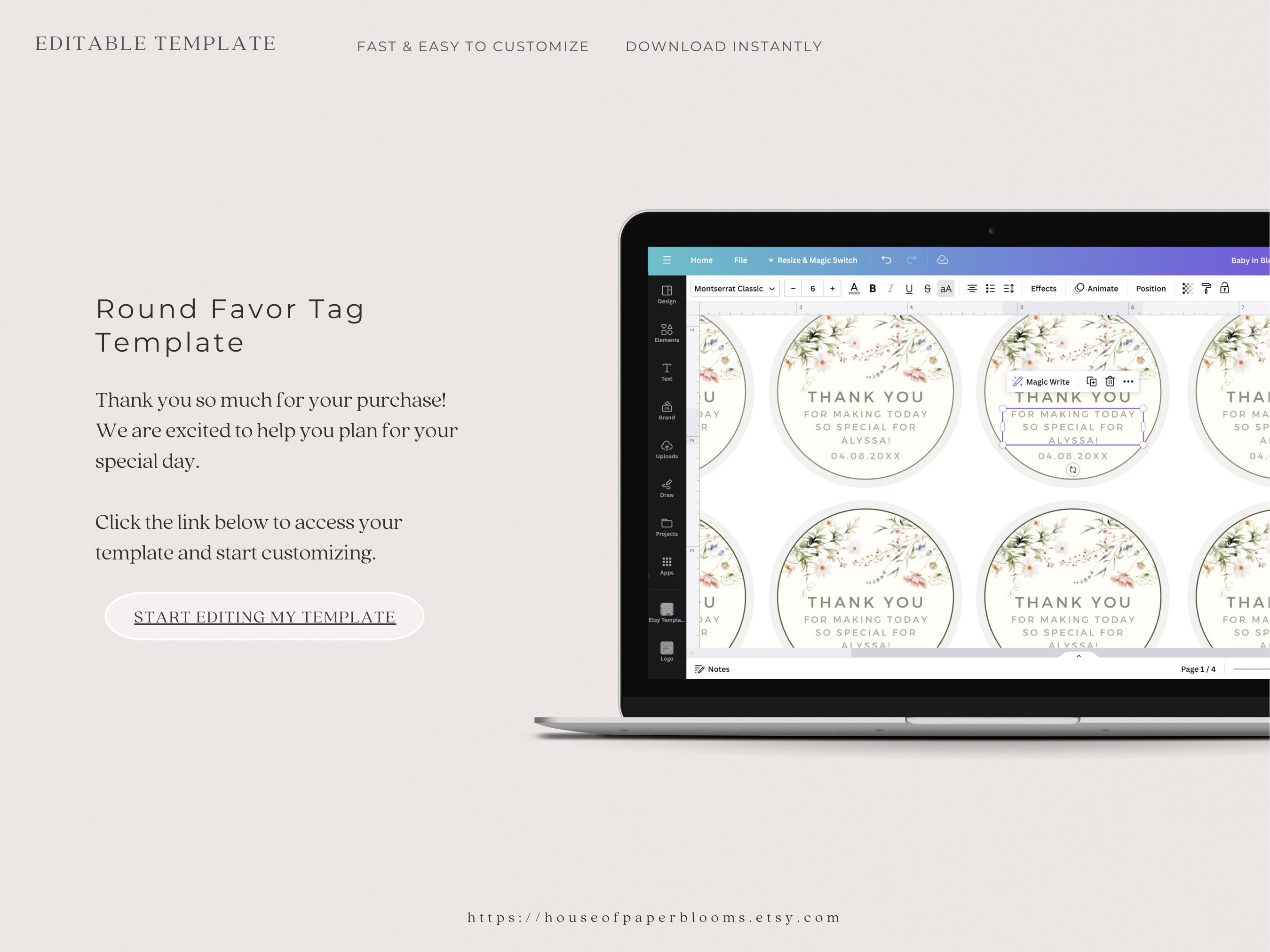 Editable Round Favor Tag Template Floral Baby Shower Tag Custom Baby in ...