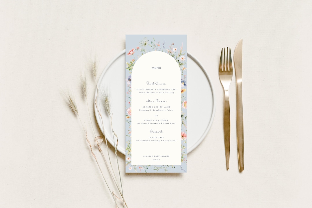 Blue Floral Menu Card Wedding Something Blue Bridal Shower Flower Menu ...