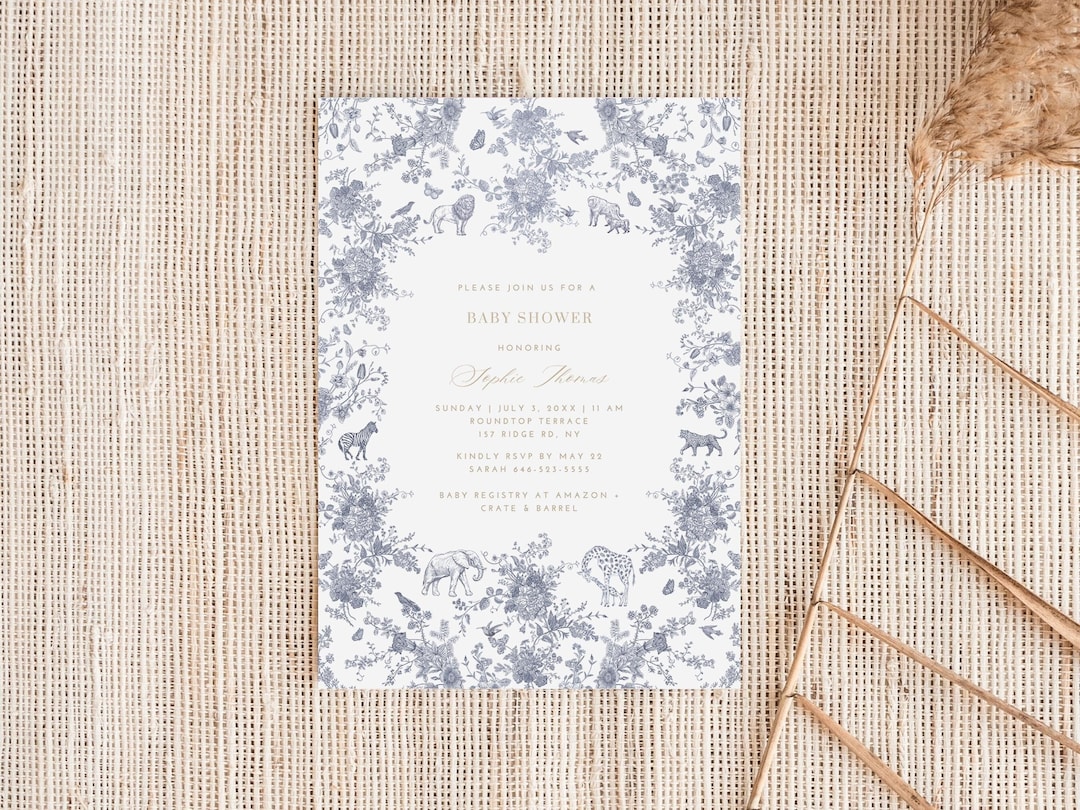 Blue Toile Baby Shower Invitation Elegant Safari Toile De Jouy Invite ...