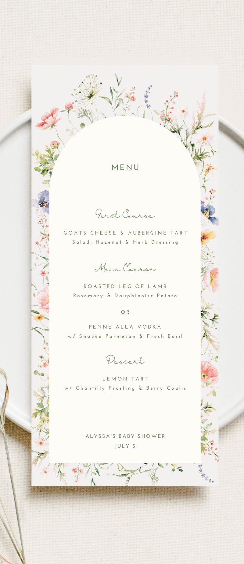 Editable Wildflower Menu Baby Shower for Spring Wedding Menu Template ...