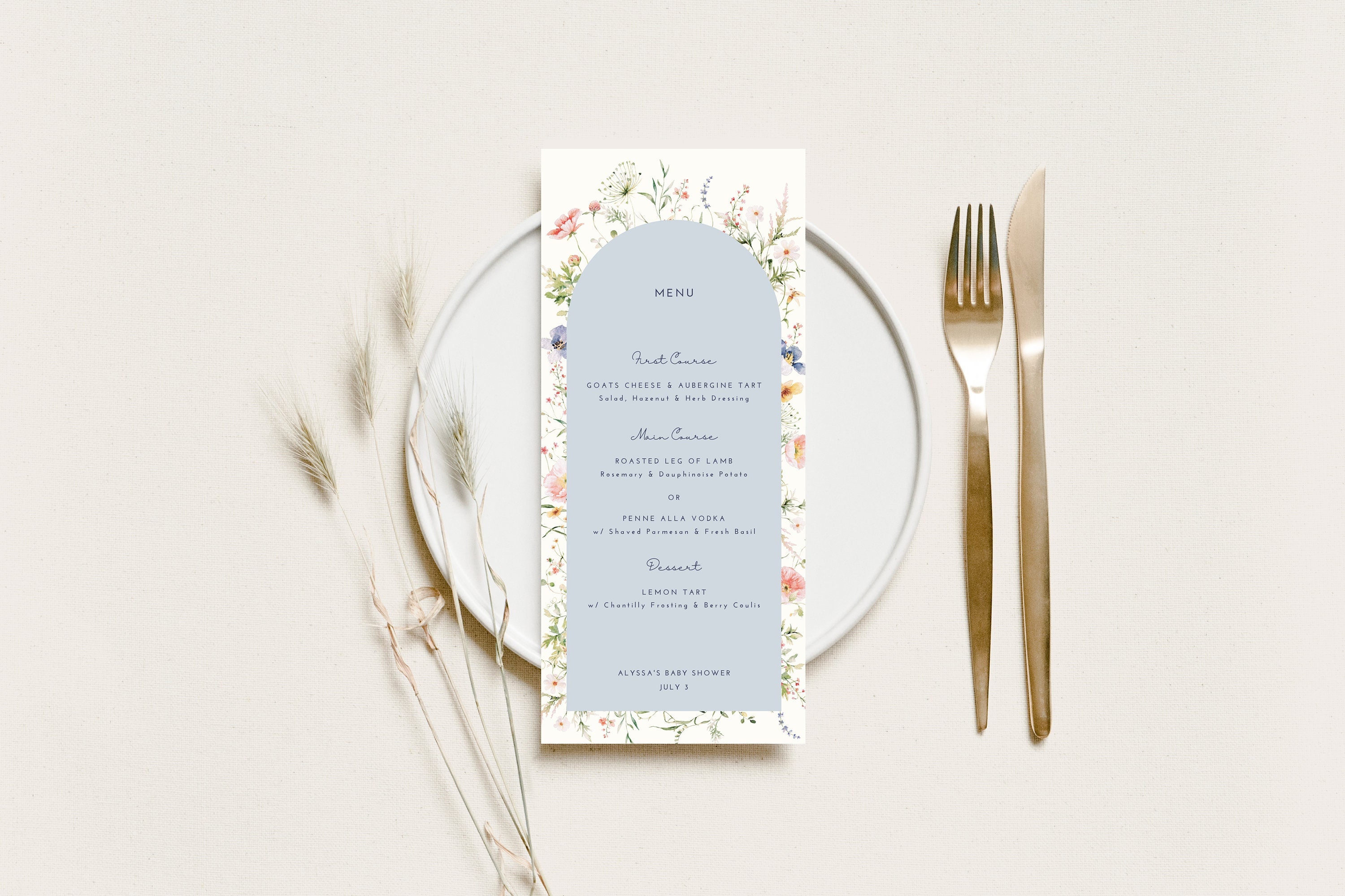 Soft Blue Floral Menu, Wildflower Baby Shower Theme, Garden Flower ...