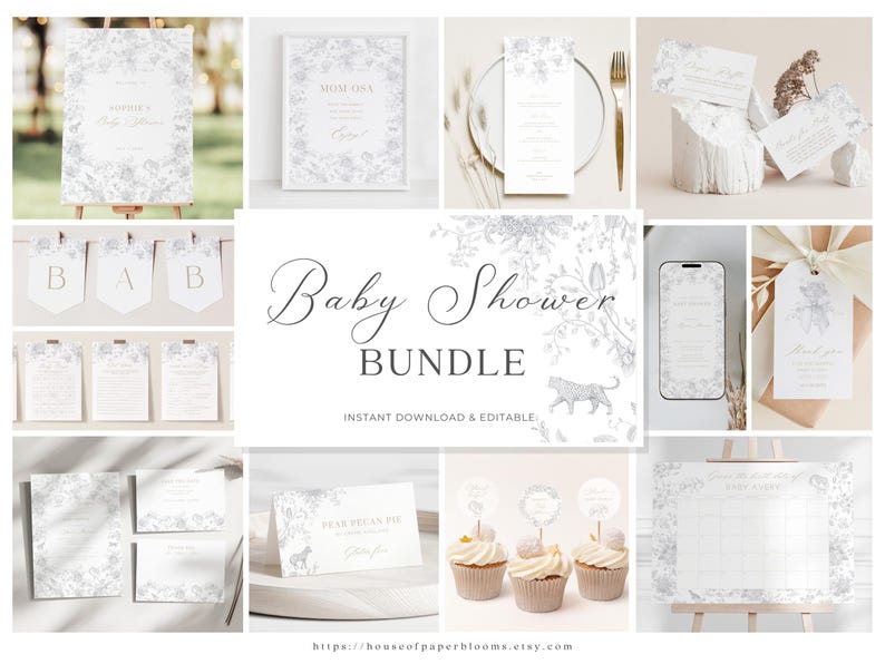 Floral Toile Baby Shower Bundle Elegant Gray Baby Boy Shower Invitation ...