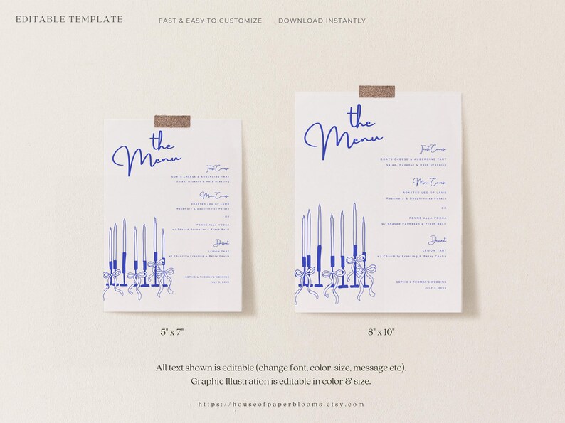 Blue Wedding Menu Table Sign Hand Drawn Party Stationery Digital ...