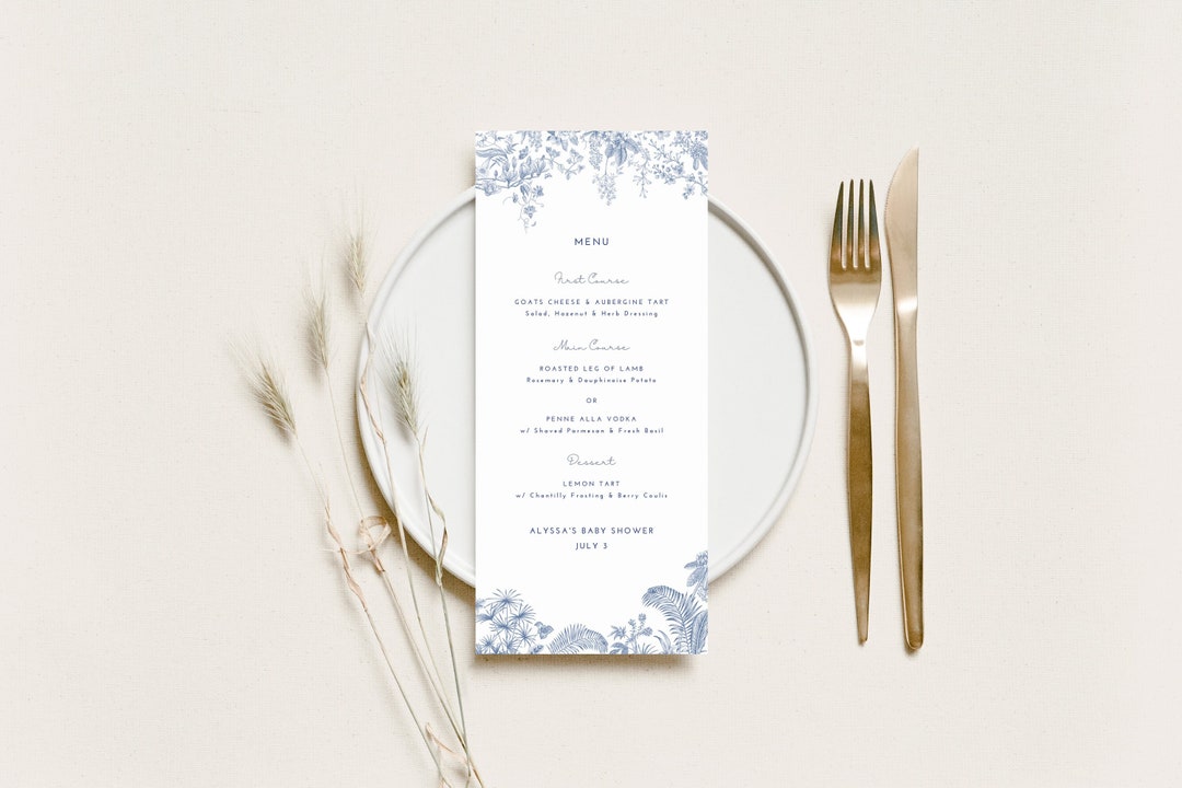 Elegant Blue Floral Menu Card Dusty Blue Place Card for Bridal Shower ...