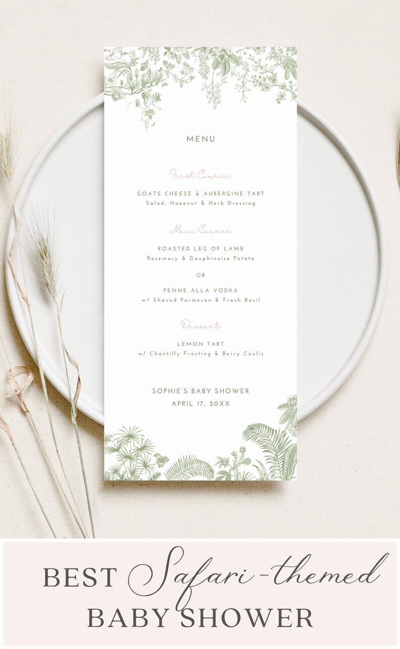 Sage Green Floral Menu Card Elegant Baby Shower Menu Template Gender ...