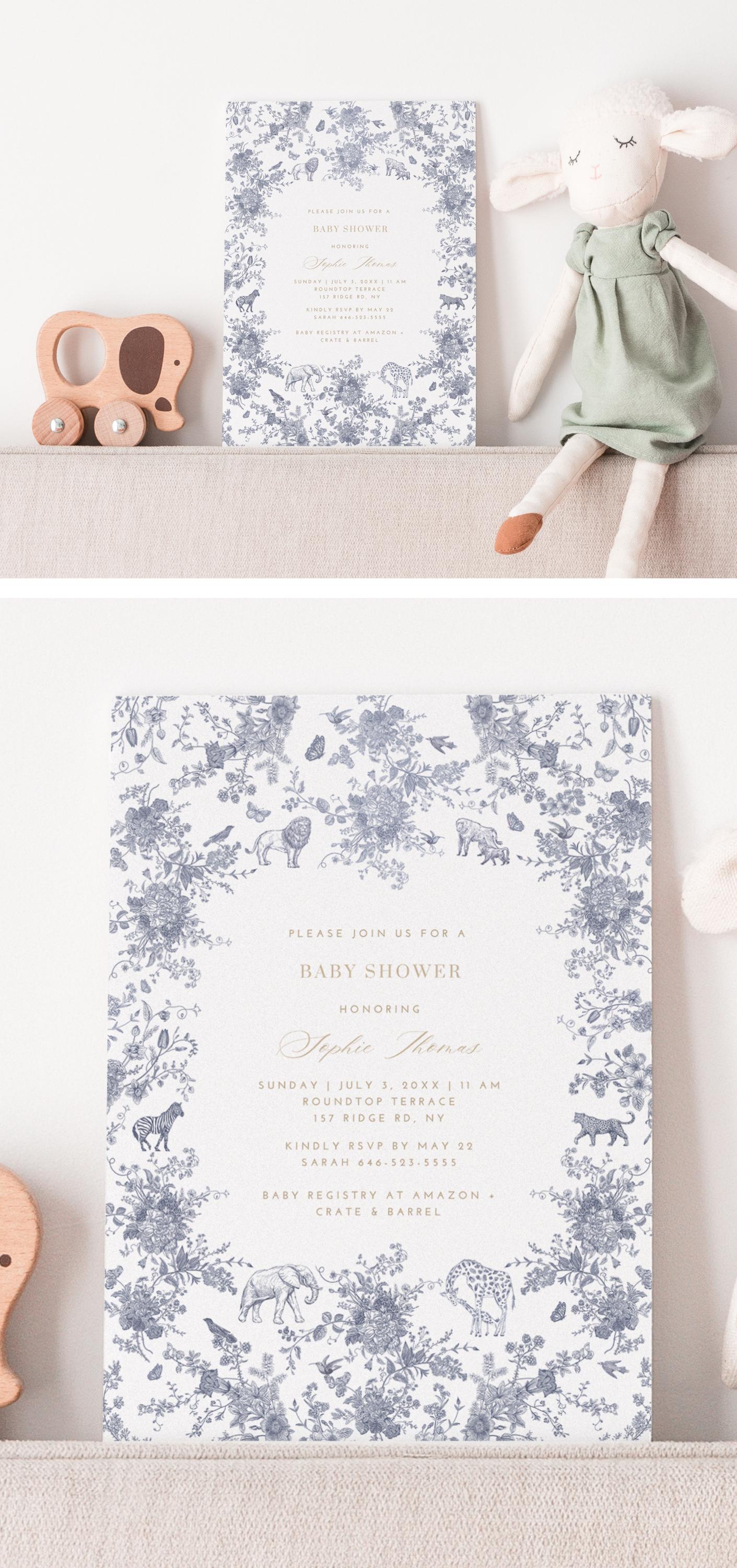 Blue Toile Baby Shower Invitation Elegant Safari Toile De Jouy Invite ...