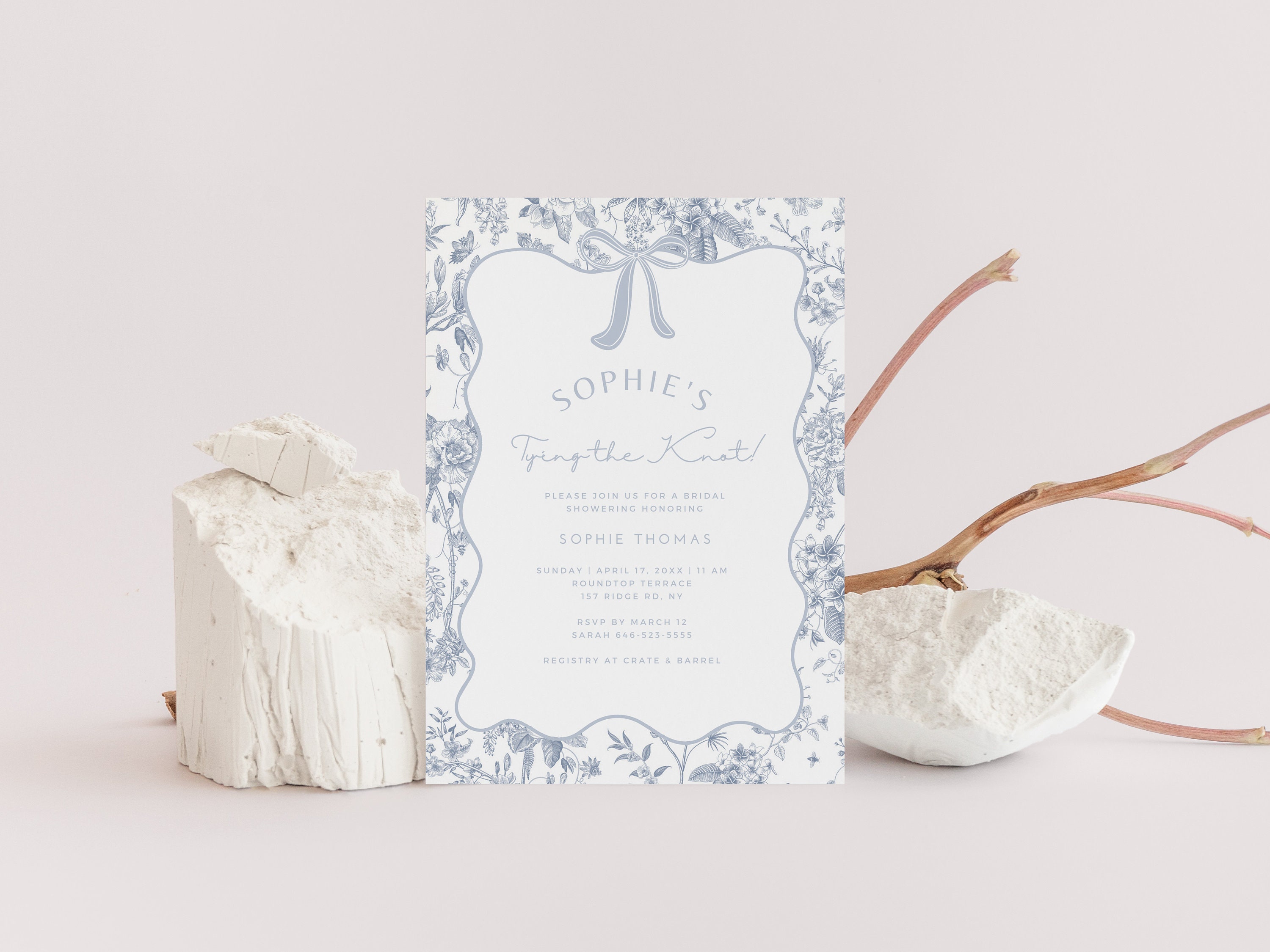 Floral Toile Bridal Shower Invitation Wavy Bridal Shower Bow Invite ...