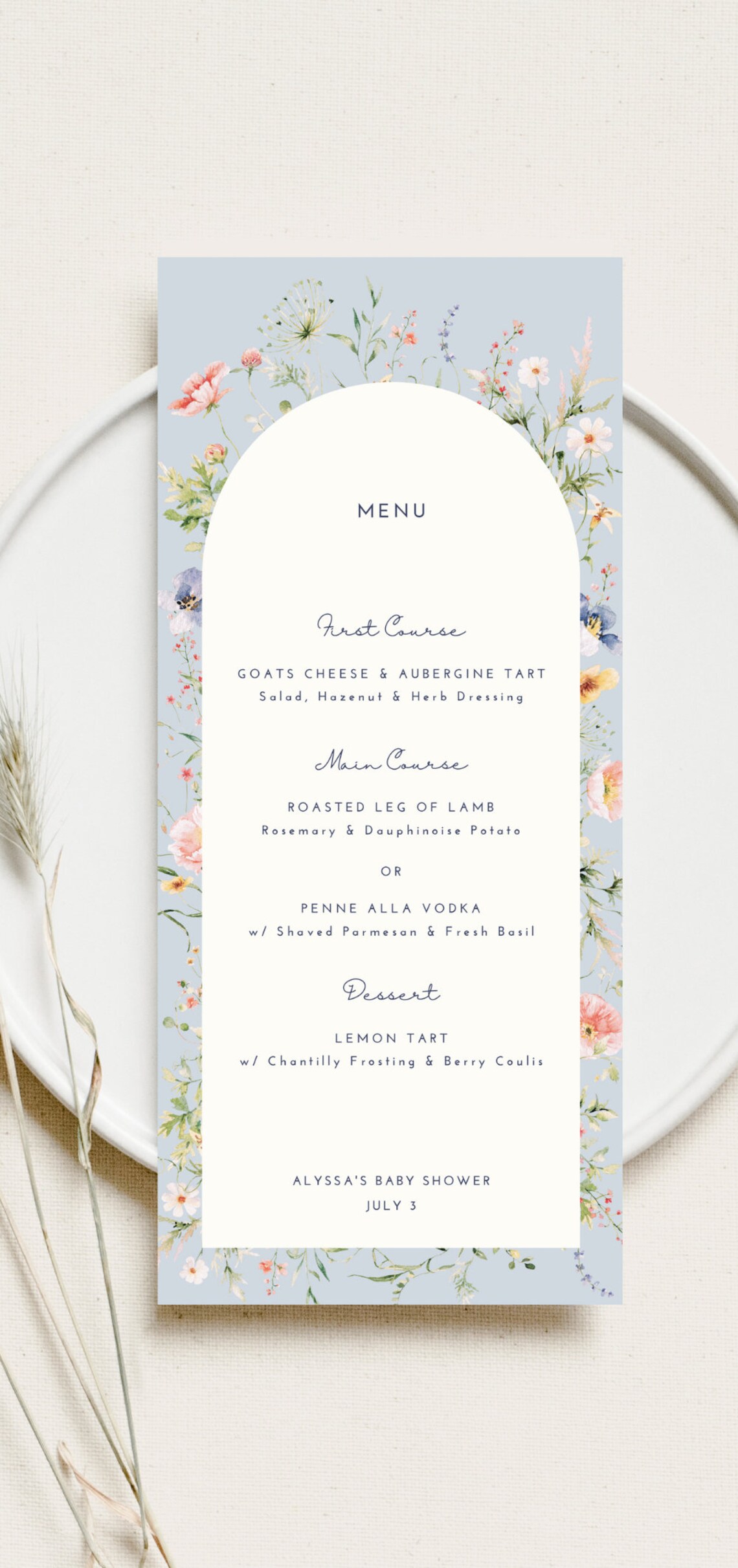 Blue Floral Menu Card Wedding Something Blue Bridal Shower Flower Menu ...