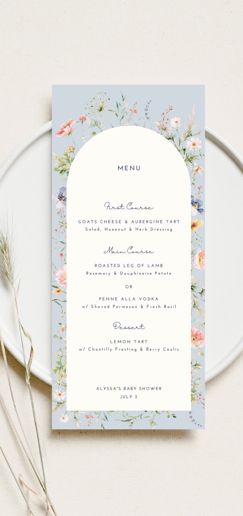 Blue Floral Menu Card Wedding Something Blue Bridal Shower Flower Menu ...