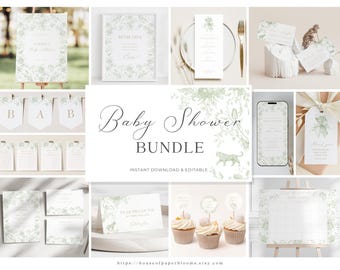 Green Safari Toile De Jouy Baby Shower Invitation Set, Jungle Baby ...