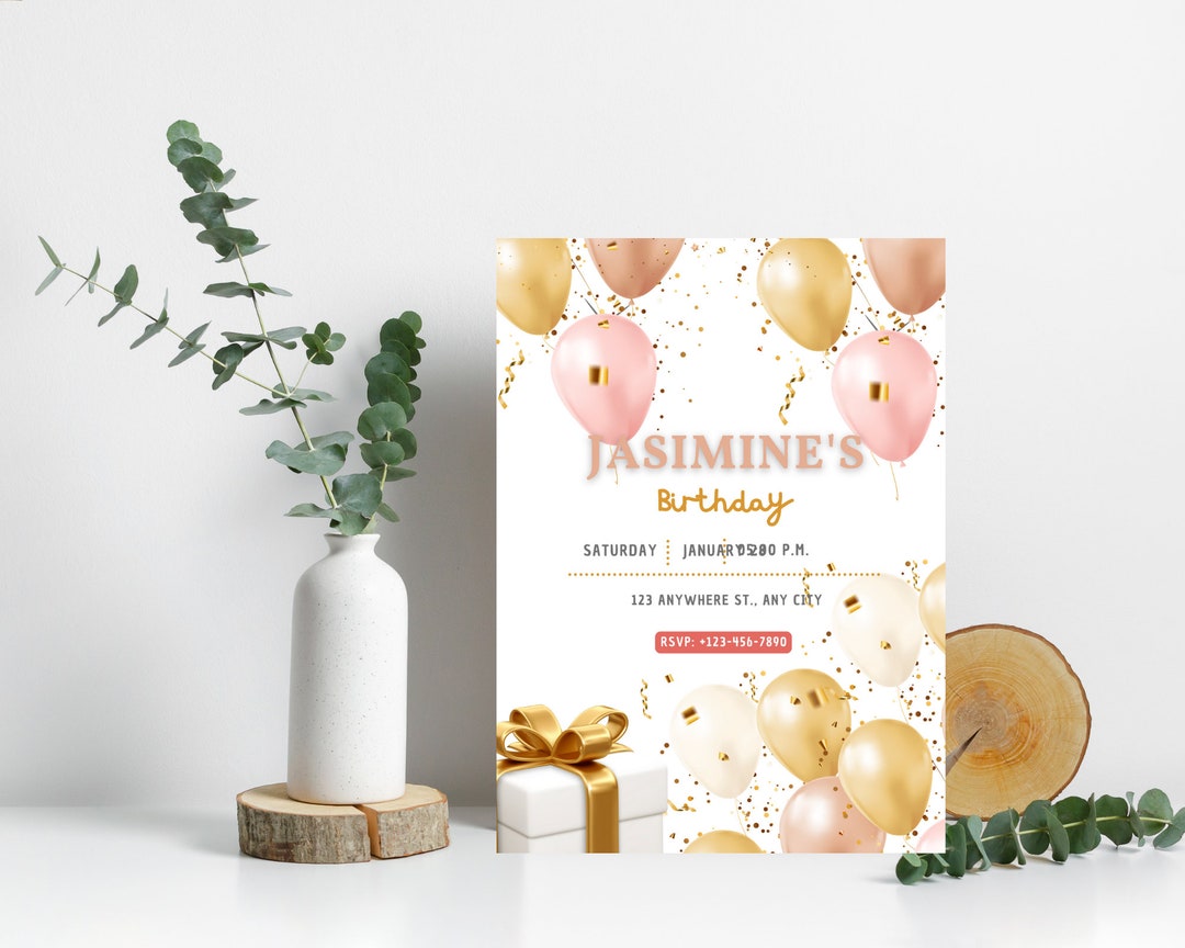 Pink and Gold Birthday Invitation Card Template Printable Editable ...