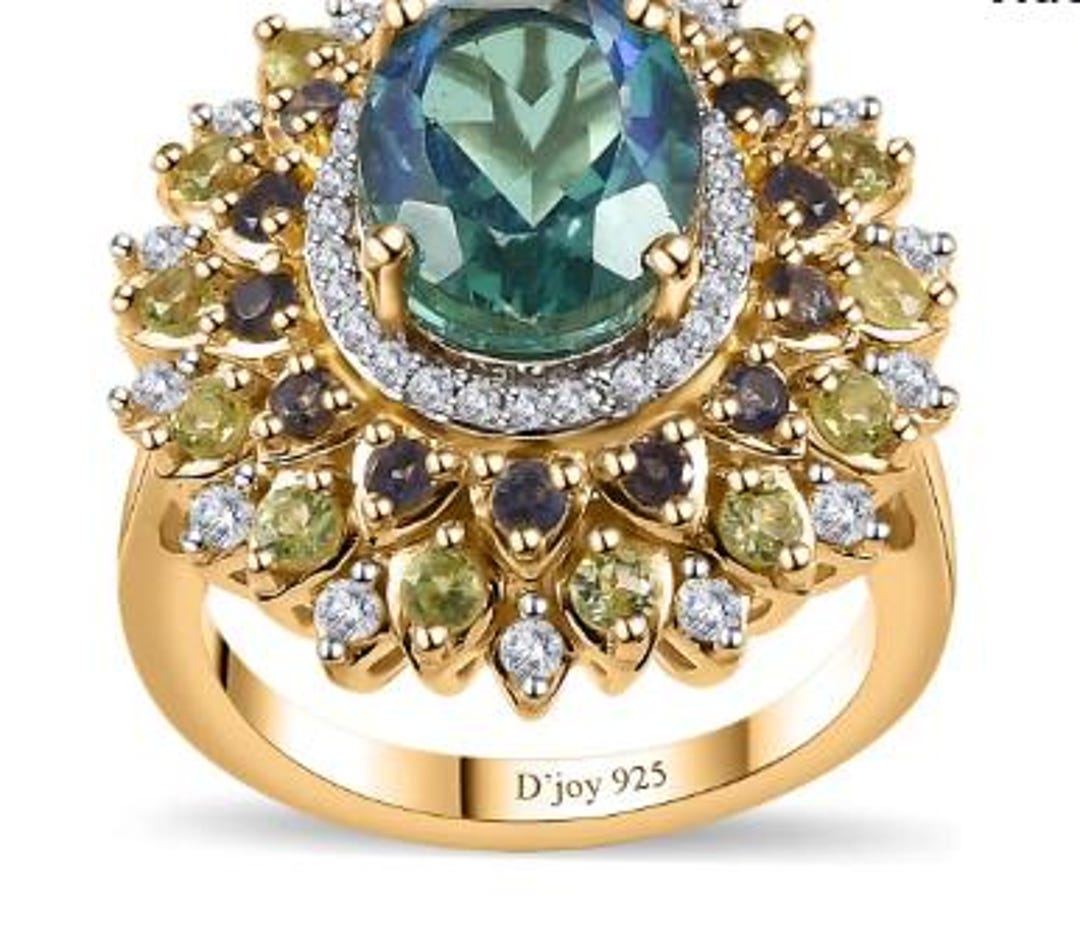 Sizse 7 Peacock Quartz (triplet) and Multi Gemstone Dahlia Floral Ring ...