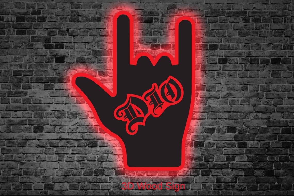 Dio Sign of the Horns: LED Wall Art, 3D Wood Rock Hand - Etsy