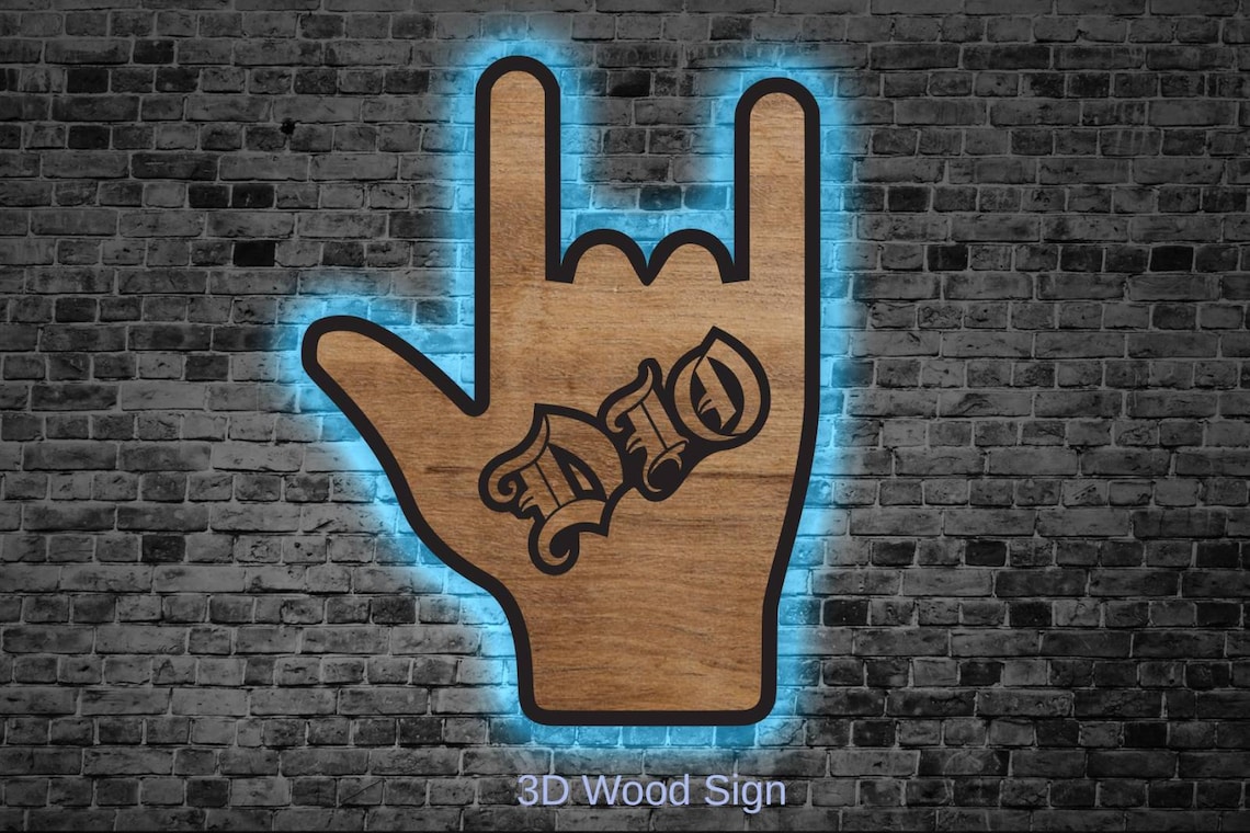 Dio Sign of the Horns: LED Wall Art, 3D Wood Rock Hand - Etsy