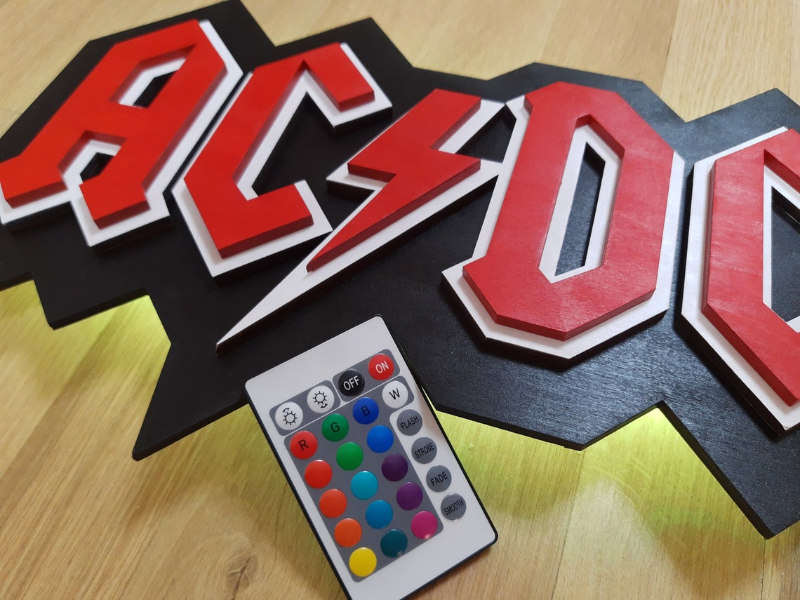 ACDC LED Wood Sign: 3D Rock N Roll Bar Decor With Remote - Etsy