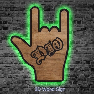 Dio Sign of the Horns: LED Wall Art, 3D Wood Rock Hand - Etsy