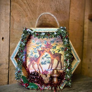 Cottagecore Retro Christmas Deer Shadow Box Vintage Holiday Diorama Wall Hanging/shelf ...