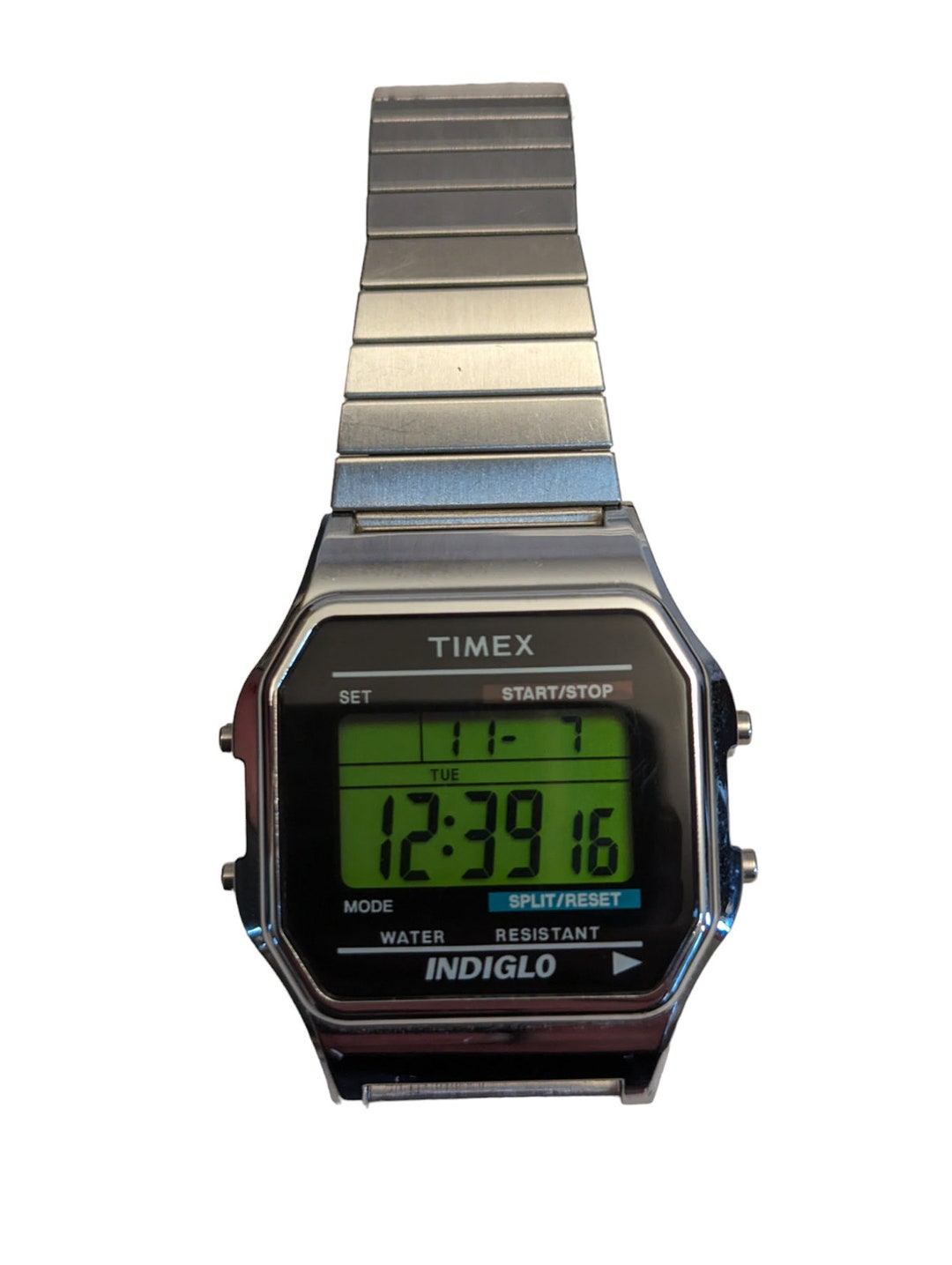 Vintage Timex Indiglo Digital Men Silver Tone Alarm Chrono Quartz Watch ...