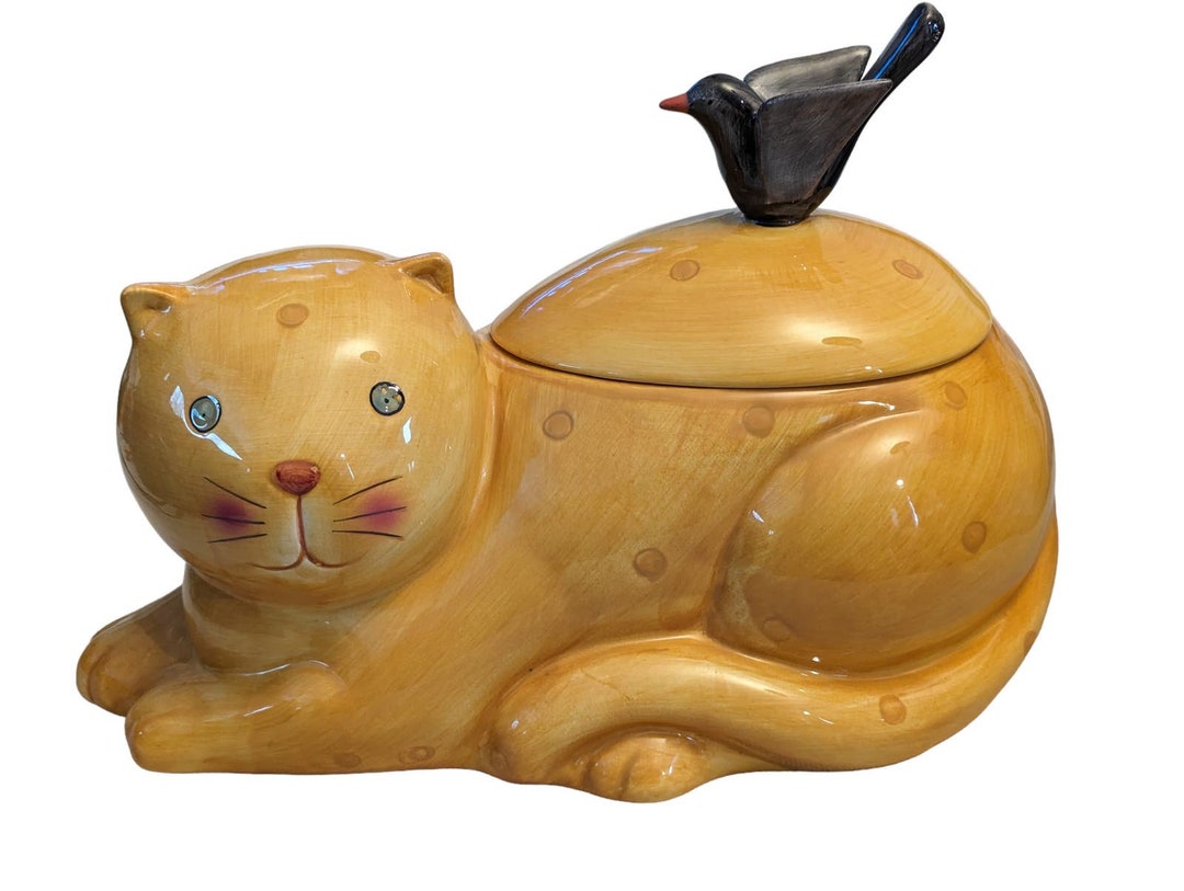 Debbie Mumm Weathervane Yellow Cat Black Bird Ceramic Cookie Jar 90s ...