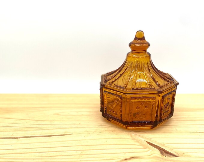 Vintage Amber Bird and Plant Imperial Glass Octagon Candy Dish With Lid ...