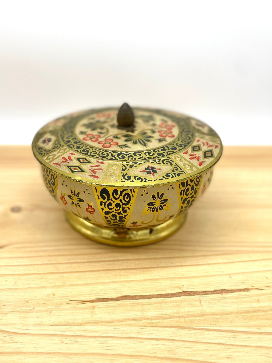 Vintage Retro Collectible Crown Derby Round Candy Metal Tin / Gold ...