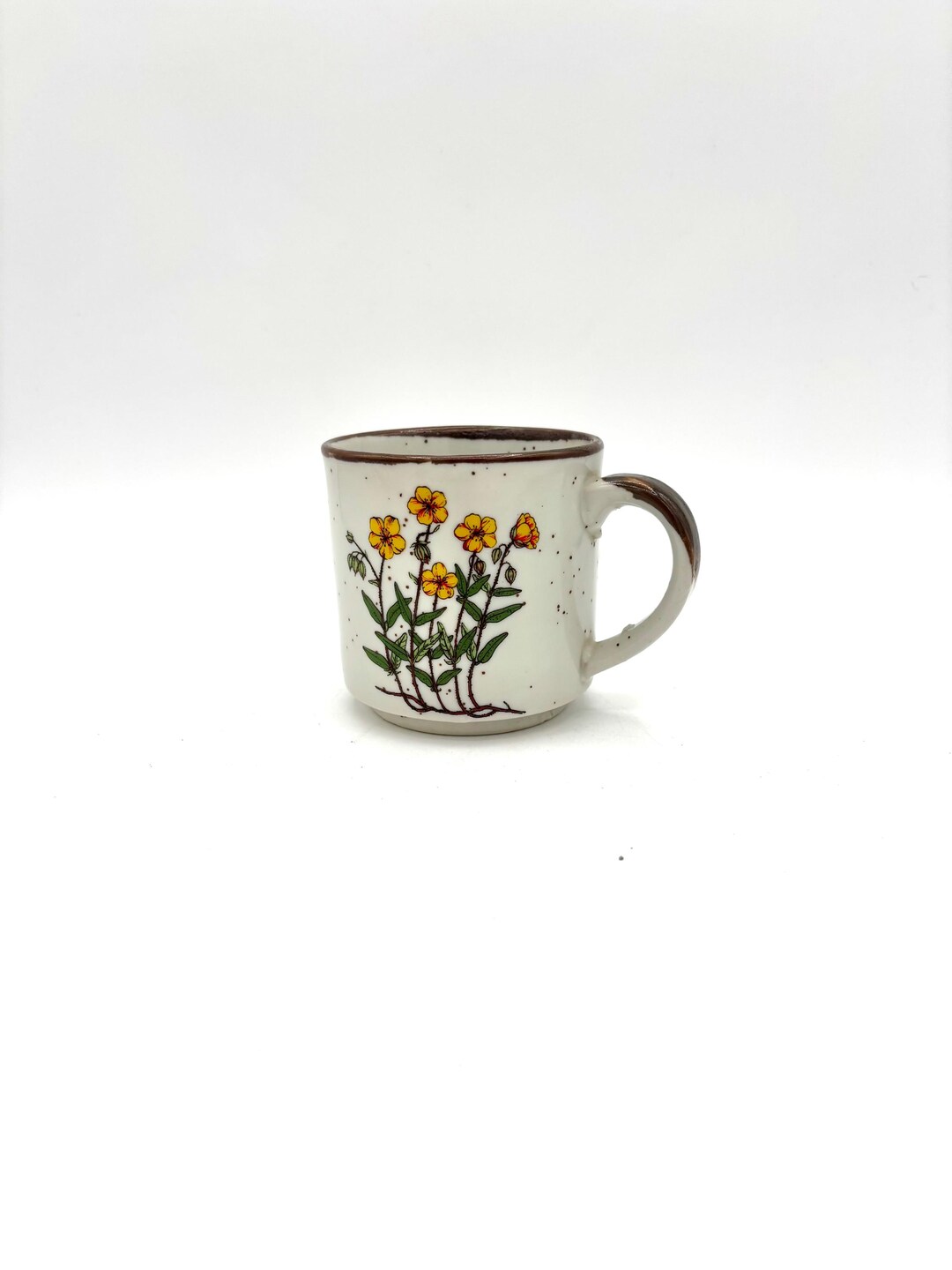 Vintage Retro 70s Pottery Yellow Floral White Speckle Stoneware Coffee ...