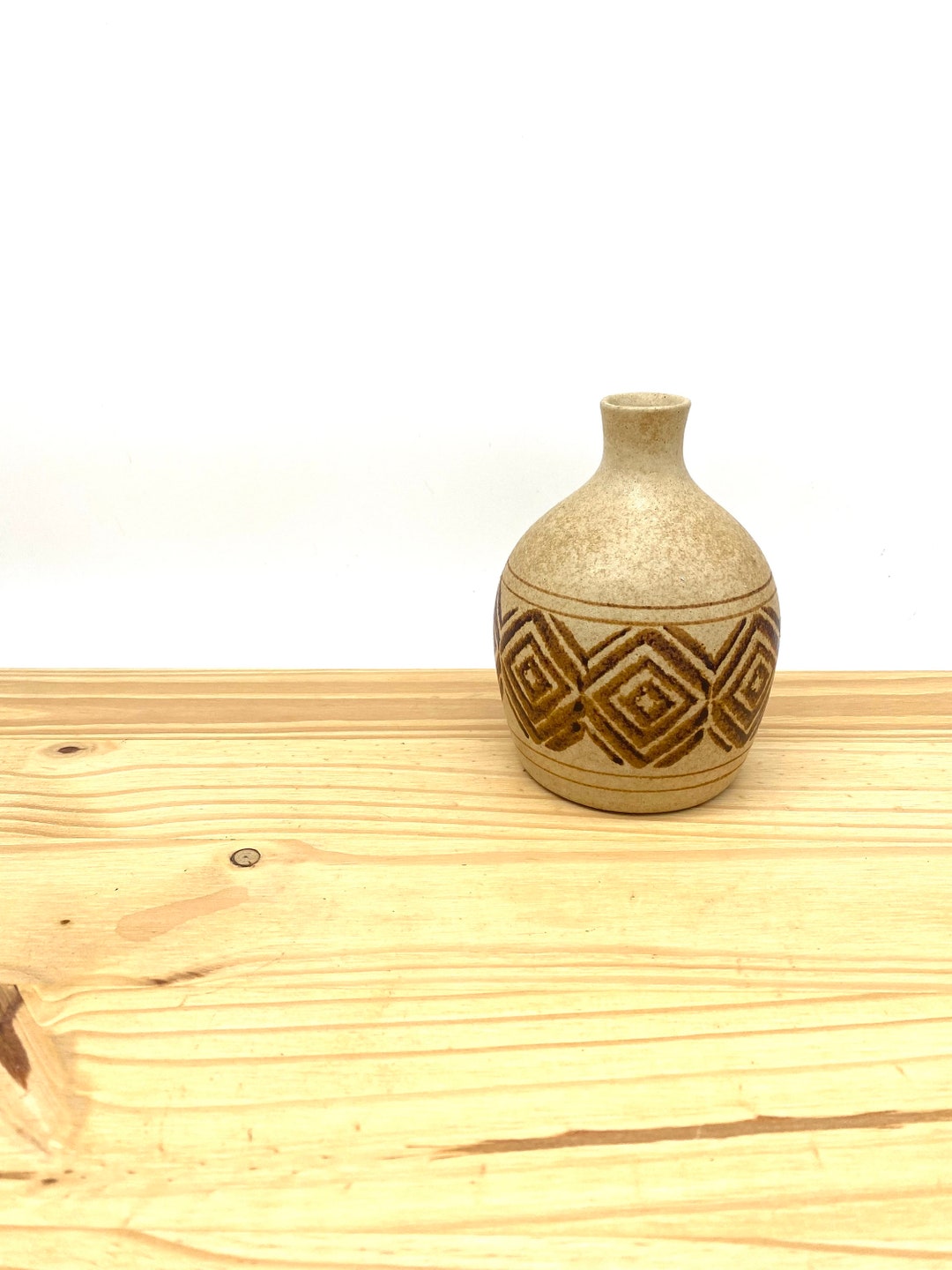 Vintage 70s Pottery Craft Speckled Brown Tan Geometric Diamond Print ...