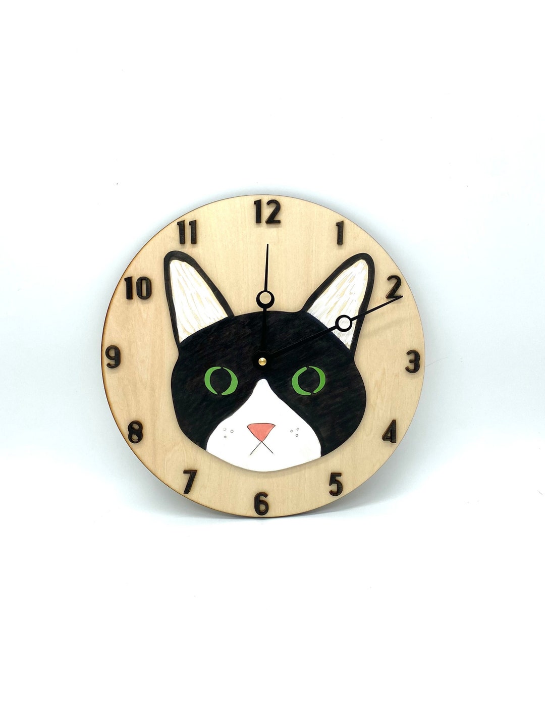 Handmade Tuxedo Black and White Cat Modern Wooden Wall Clock / Quirky ...