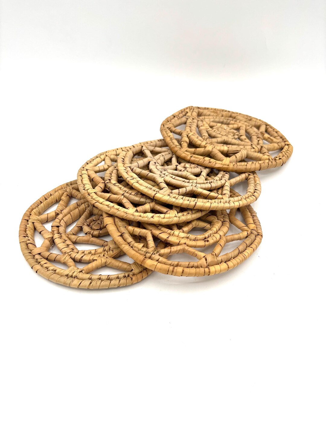 Vintage Raffia Woven Straw Rattan Wicker Trivet Hot Plate Set of 5 ...