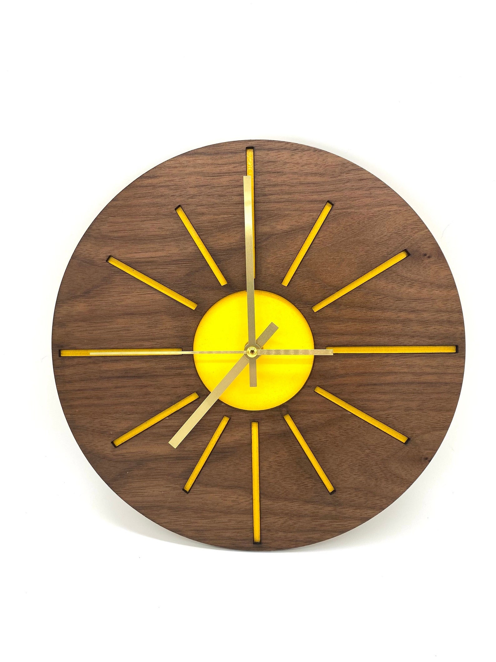 Yellow Sunshine Sunburst Handmade Walnut Wood Wall Clock / Minimalist ...