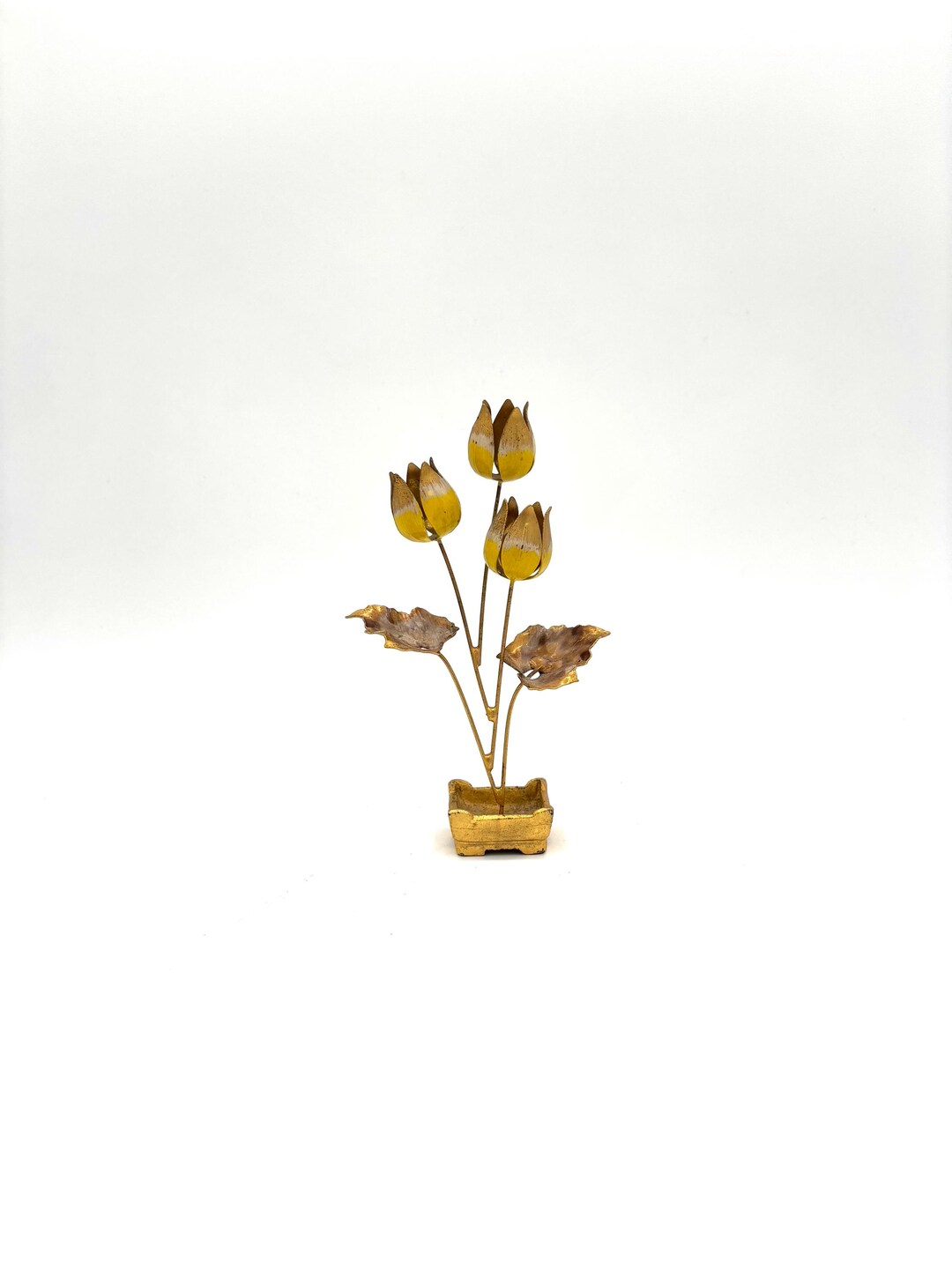 Vintage Enamel Copper Yellow Tulip Blooms Gold Leaves Sculpture Art ...