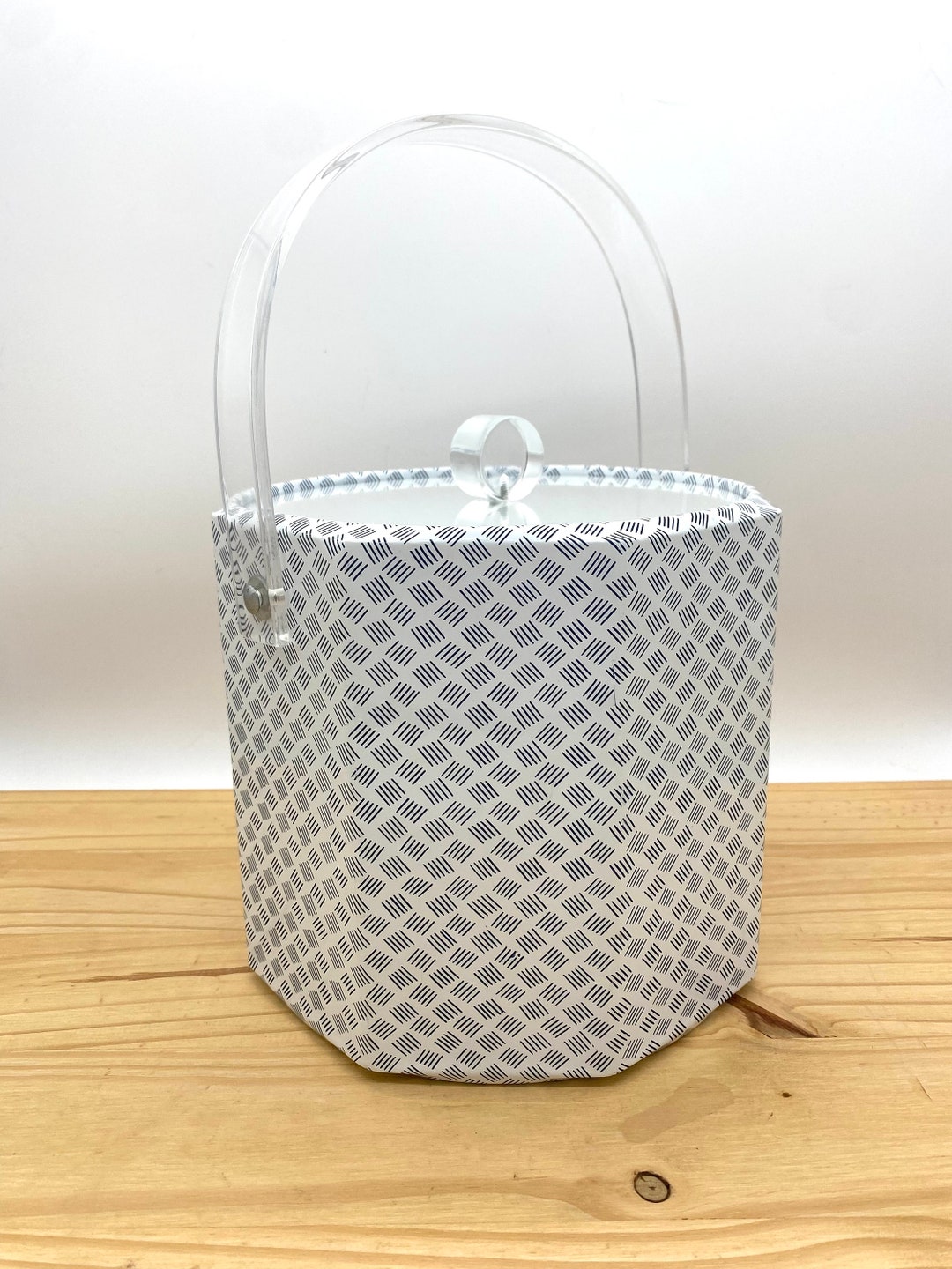Vintage Mid Century Modern Vinyl Blue Checked Acrylic Handle Ice Bucket ...