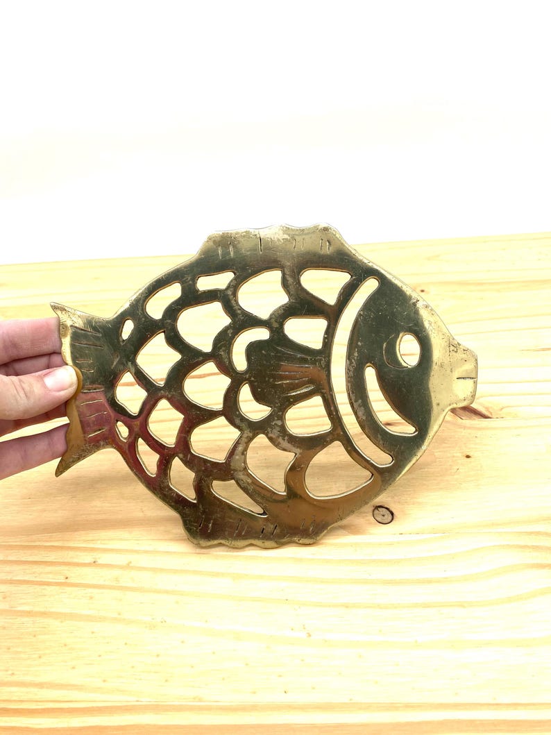Vintage 60s Brass Metal Cutout Fish Shape Trivet Footed Hot Plate ...