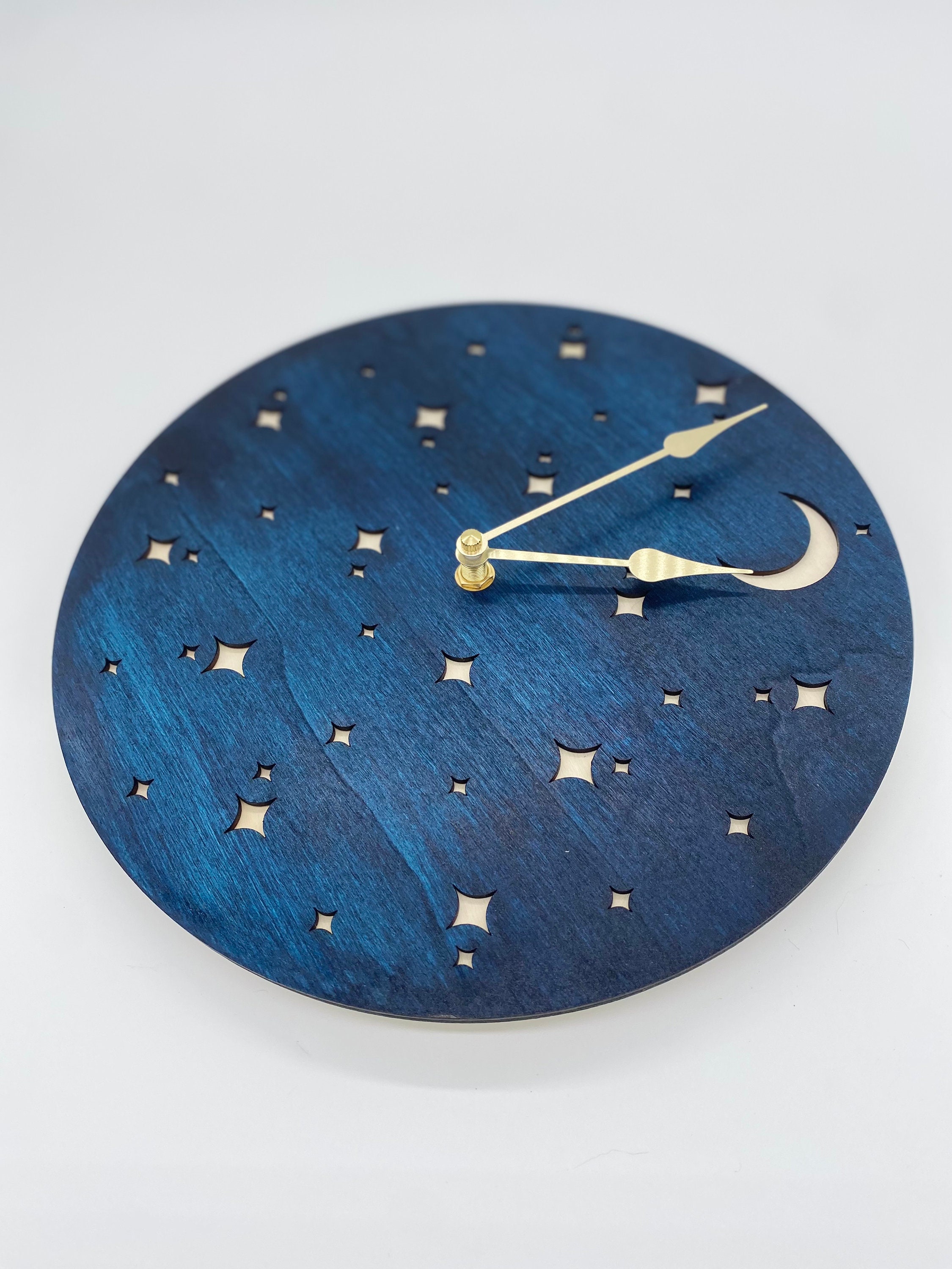 Dark Blue Night Sky Wood Bedroom Clock / Moon Celestial Stars Modern ...