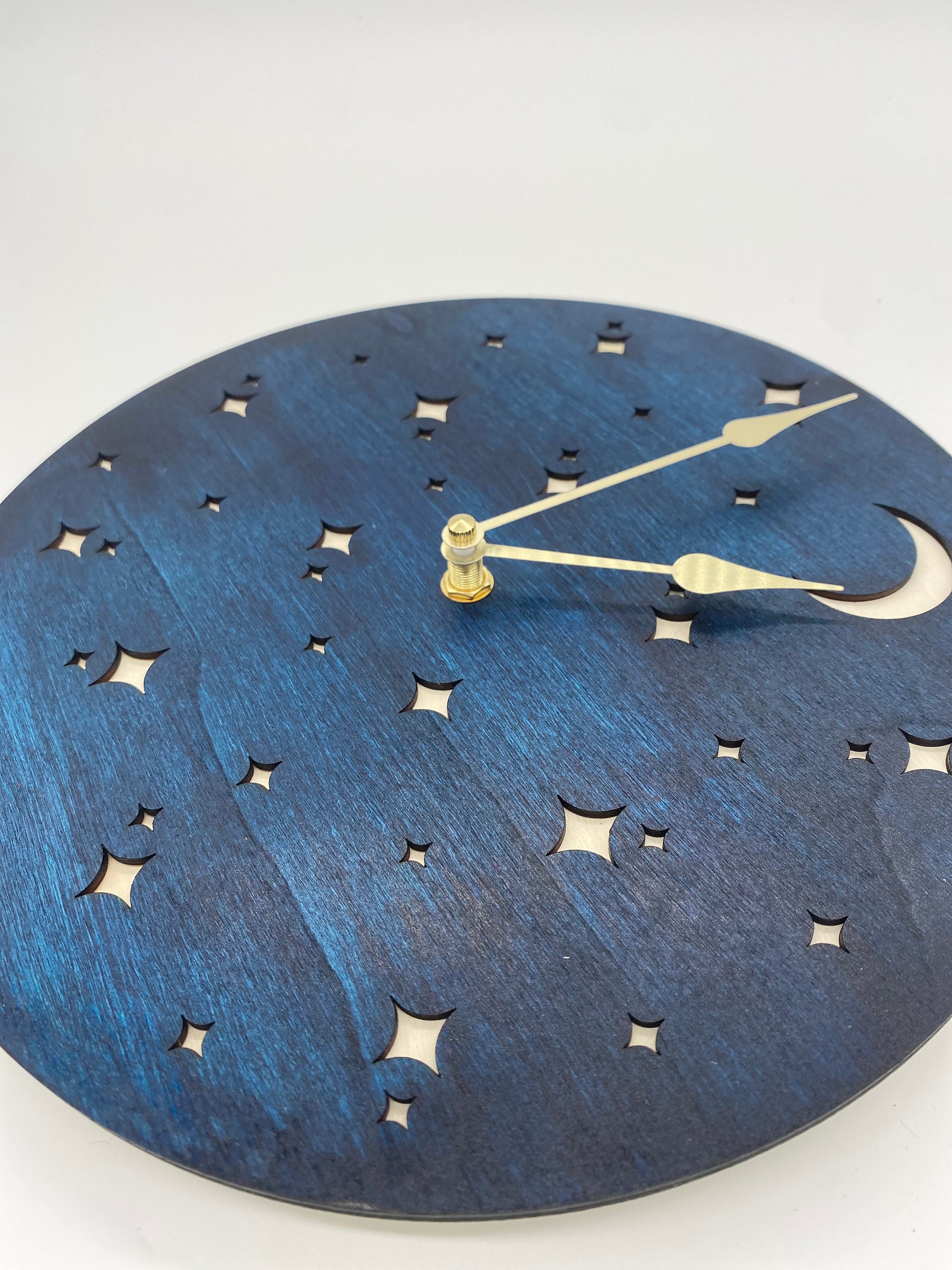 Dark Blue Night Sky Wood Bedroom Clock / Moon Celestial Stars Modern ...