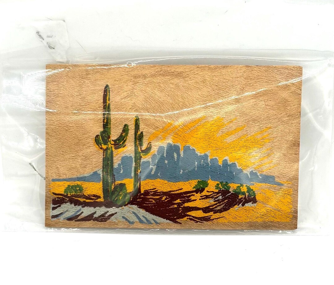 Vintage Pueblo Native American Landscape Saguaro Cactus Yucca Wood Pulp ...