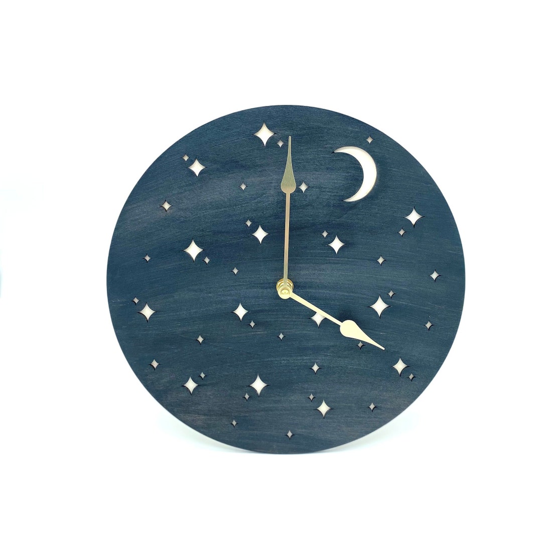 Black Night Sky Celestial Moon and Stars Wood Wall Clock / Galaxy ...