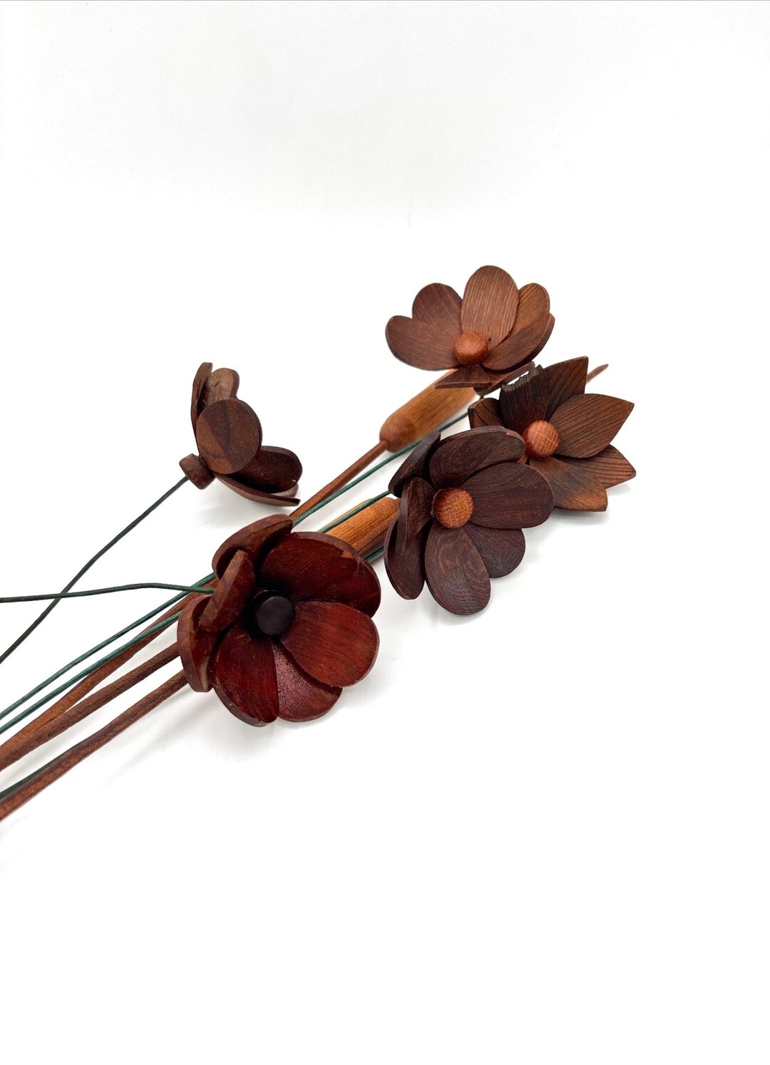 Vintage Wood Carved Daisy Flowers Cattails Bouquet Sculpture Art ...