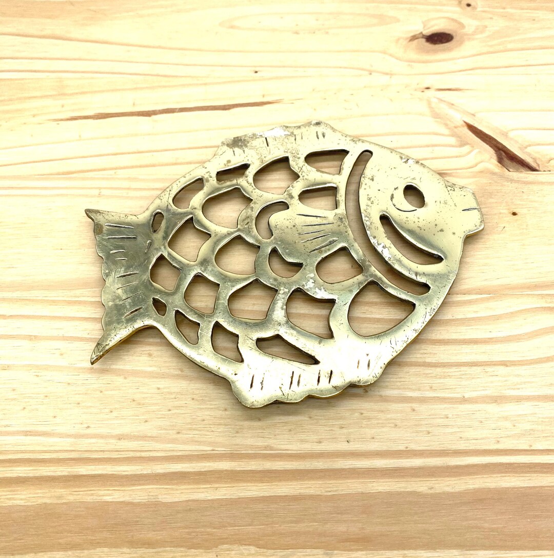 Vintage 60s Brass Metal Cutout Fish Shape Trivet Footed Hot Plate ...