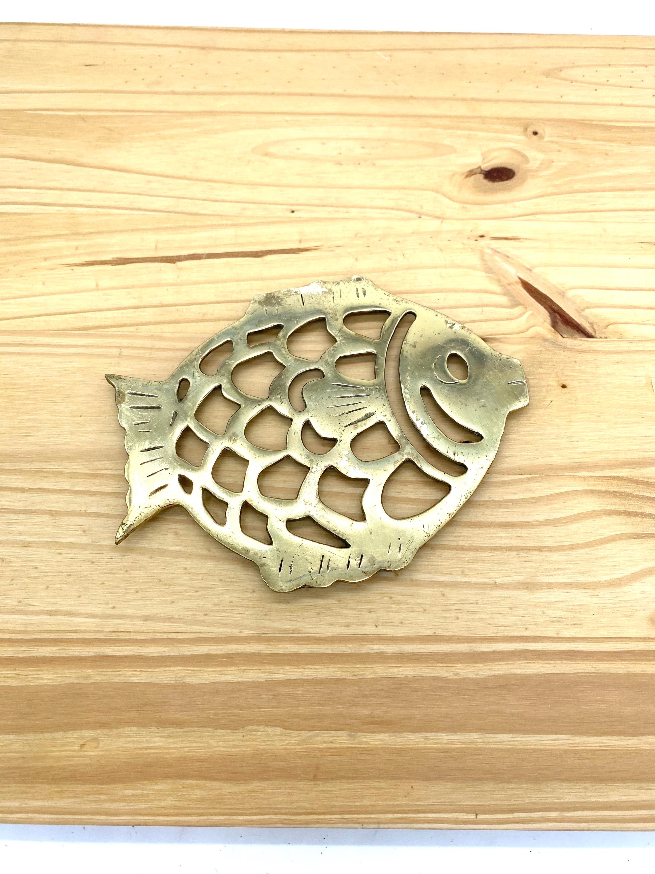 Vintage 60s Brass Metal Cutout Fish Shape Trivet Footed Hot Plate ...