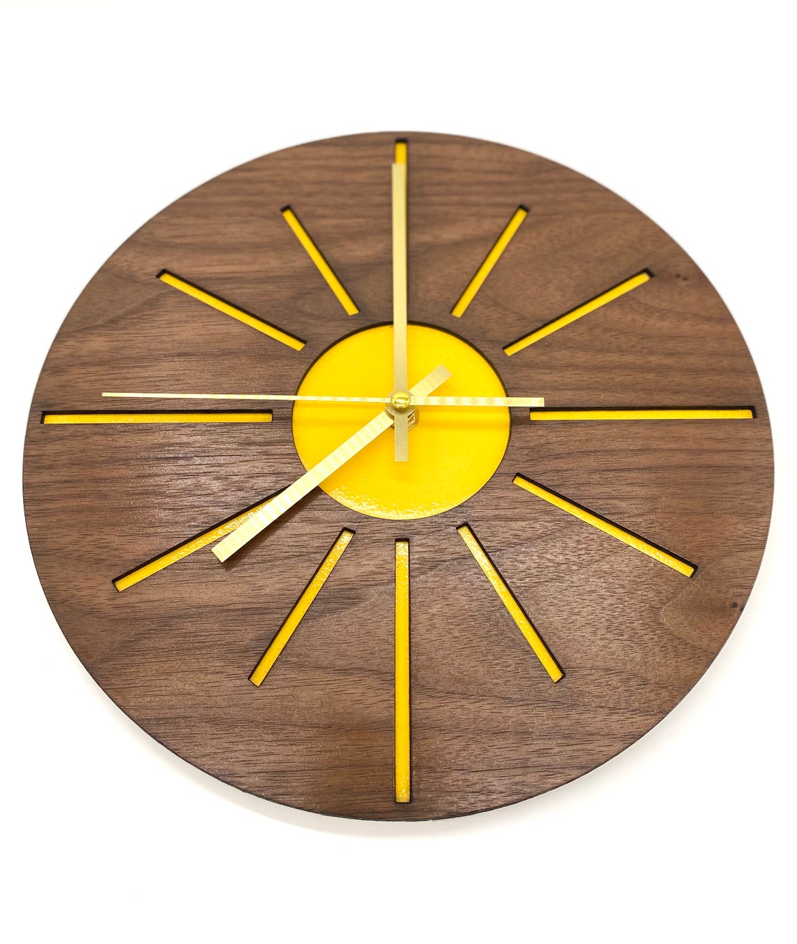 Yellow Sunshine Sunburst Handmade Walnut Wood Wall Clock / Minimalist ...