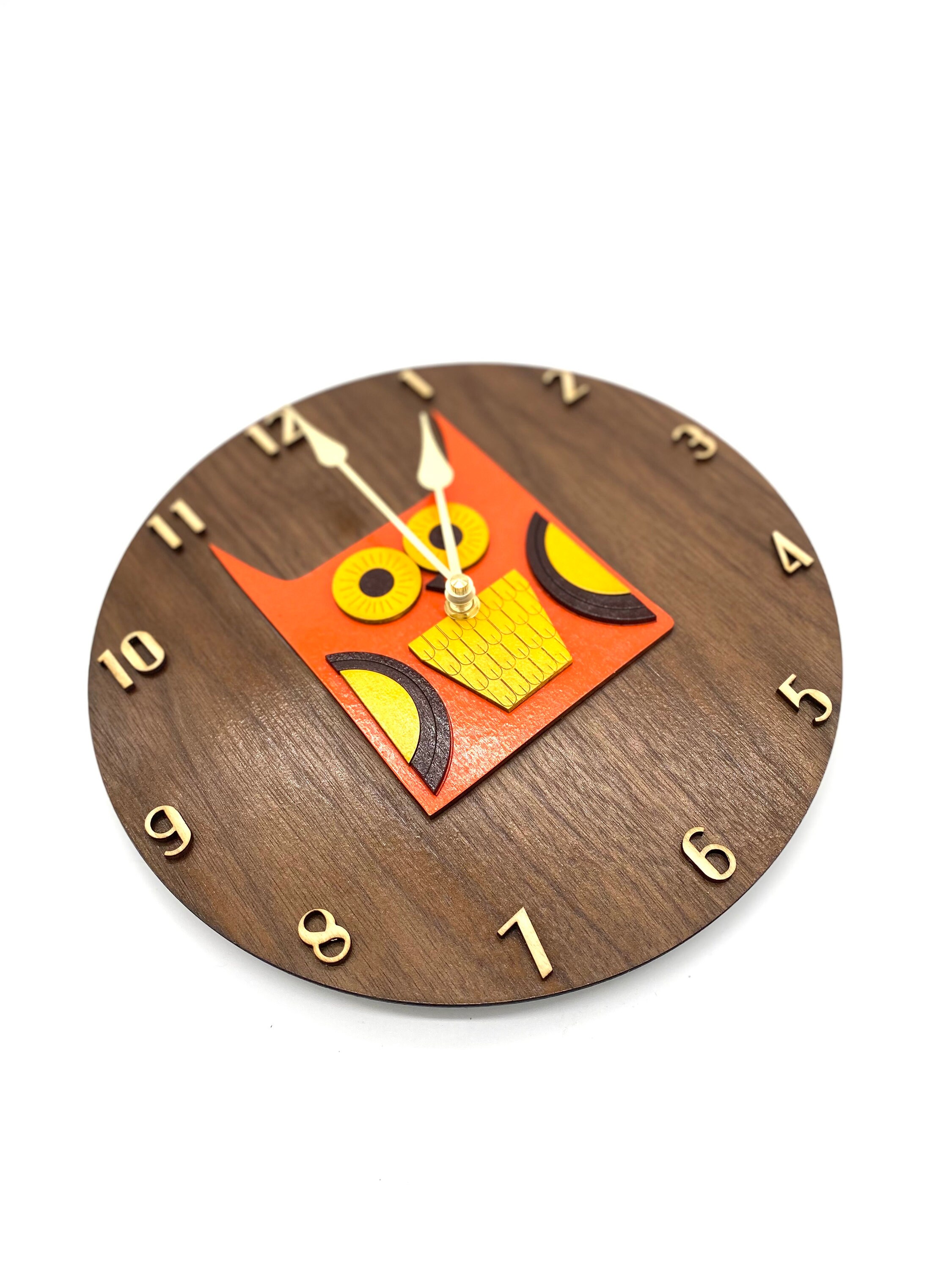 Vintage Orange Owl Bird Numbers Modern Walnut Wall Clock / - Etsy