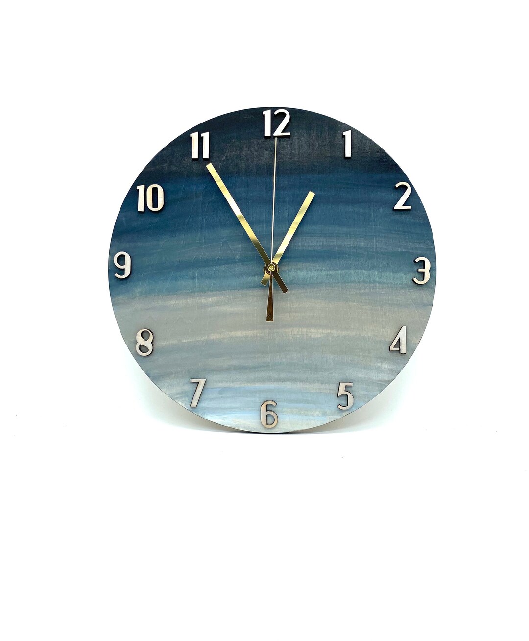 Modern Hand Painted Ombre Blue Stripe Wooden Wall Clock With Silver ...