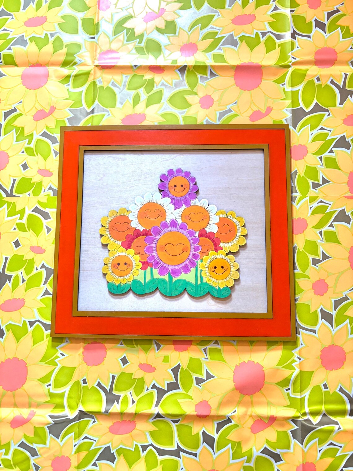 60s Retro Style Sunflower Flower Power Wood Art Wall Hanging for ...