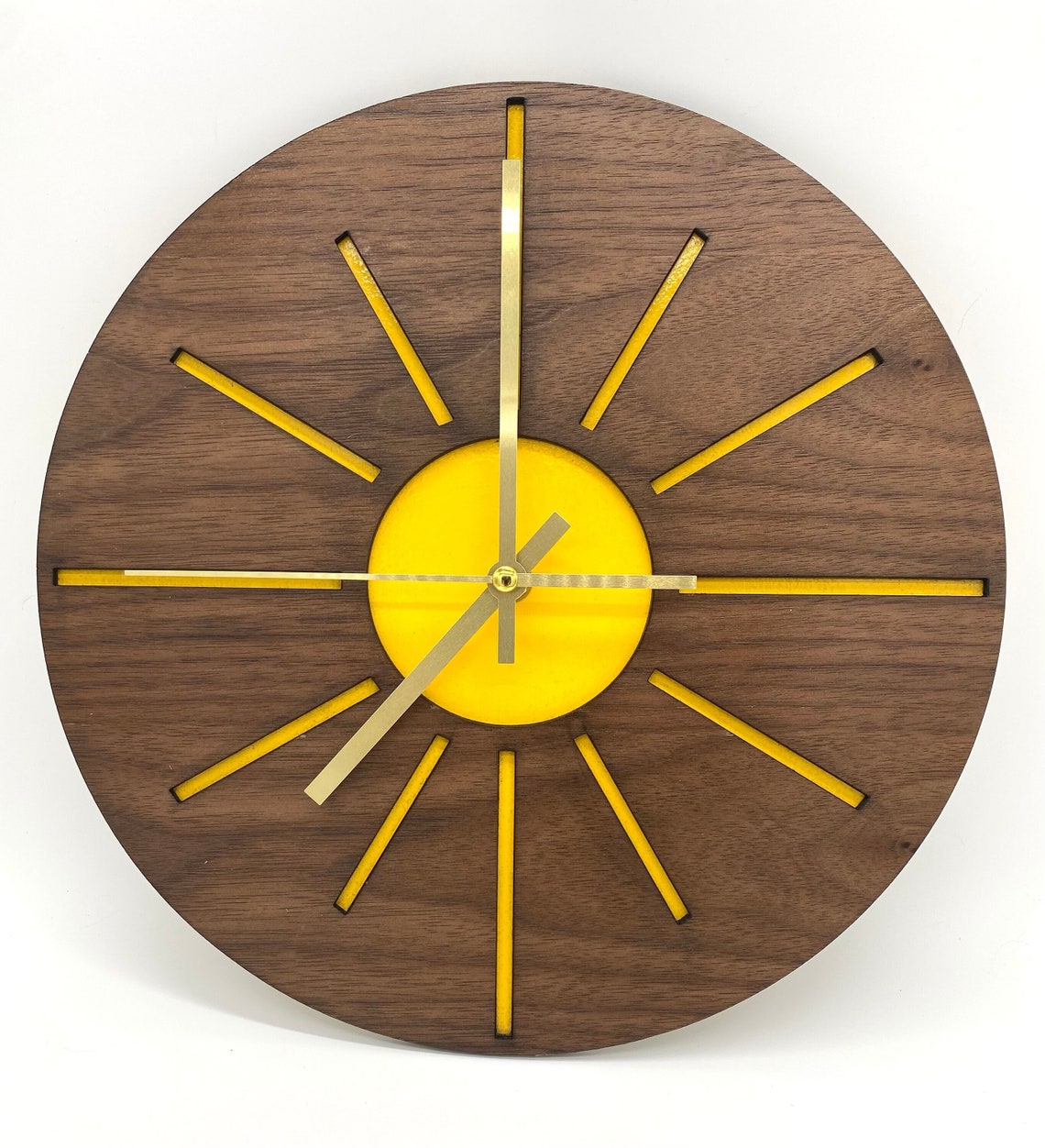 Yellow Sunshine Sunburst Handmade Walnut Wood Wall Clock / Minimalist ...