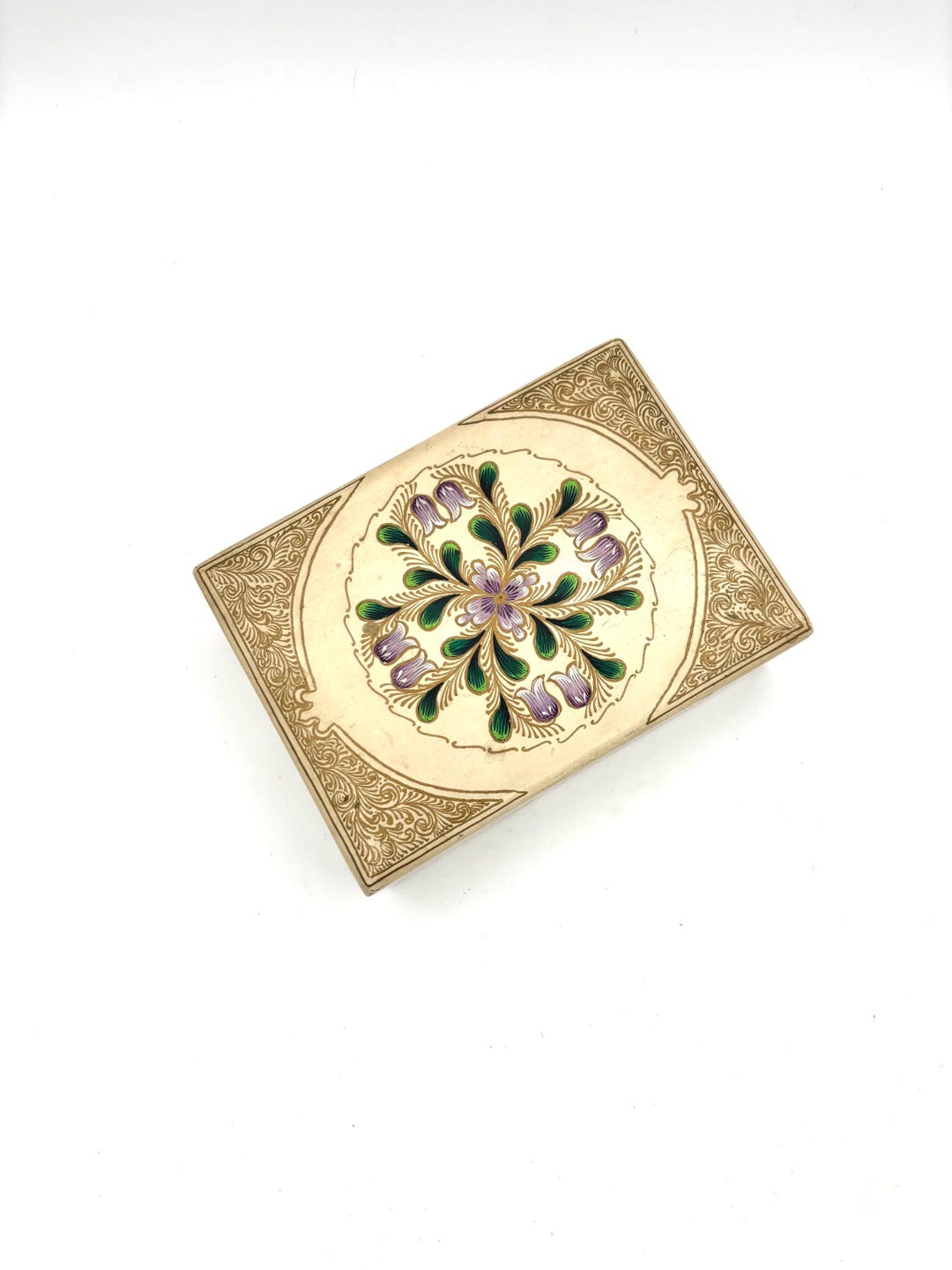 Vintage Lacquered Purple Floral Pattern Cream Jewelry Trinket Cigarette ...