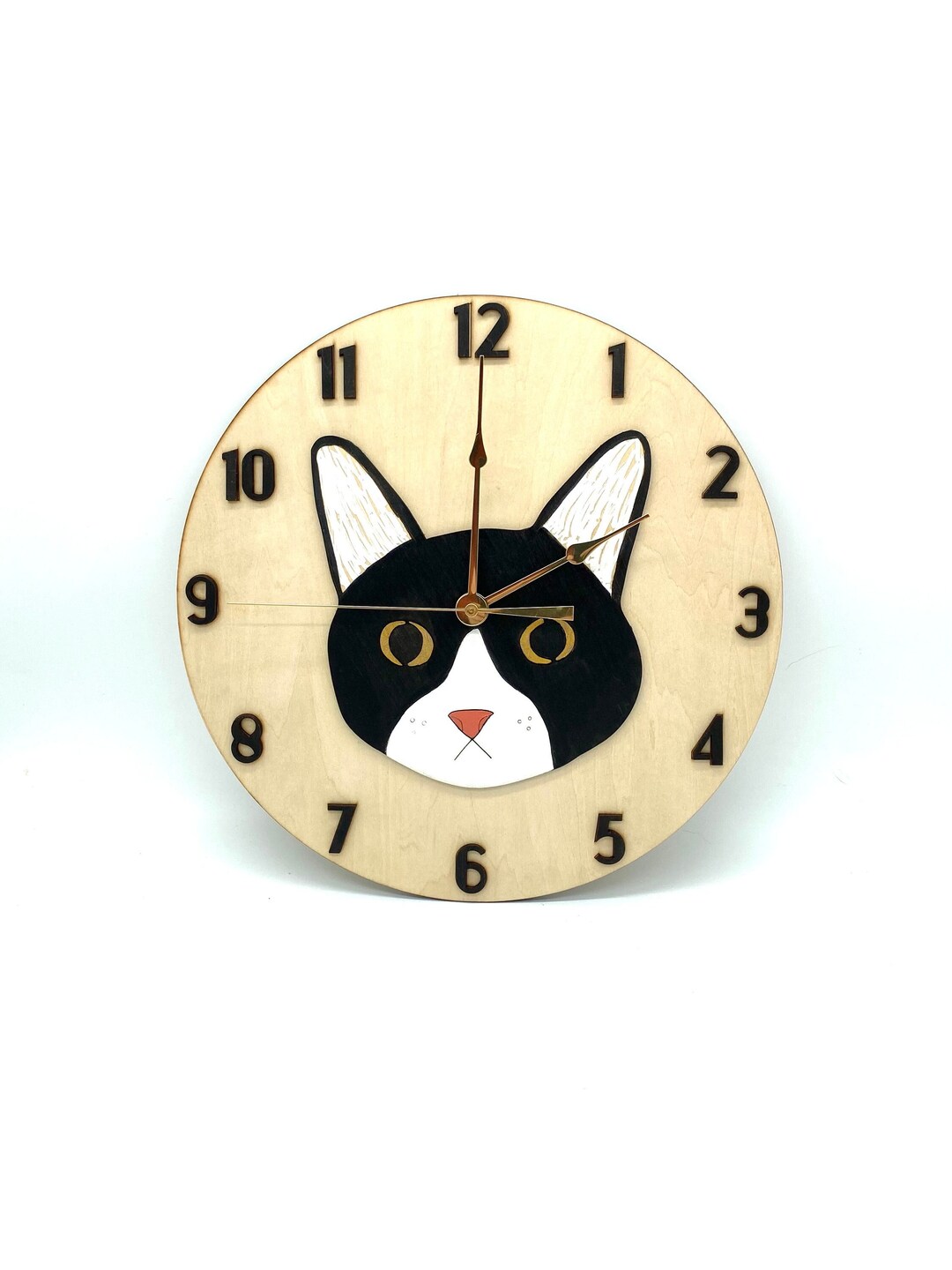 Handmade Black and White Tuxedo Cat Modern Wall Wood Clock With Numbers ...