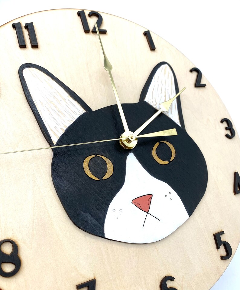 Handmade Black and White Tuxedo Cat Modern Wall Wood Clock With Numbers ...