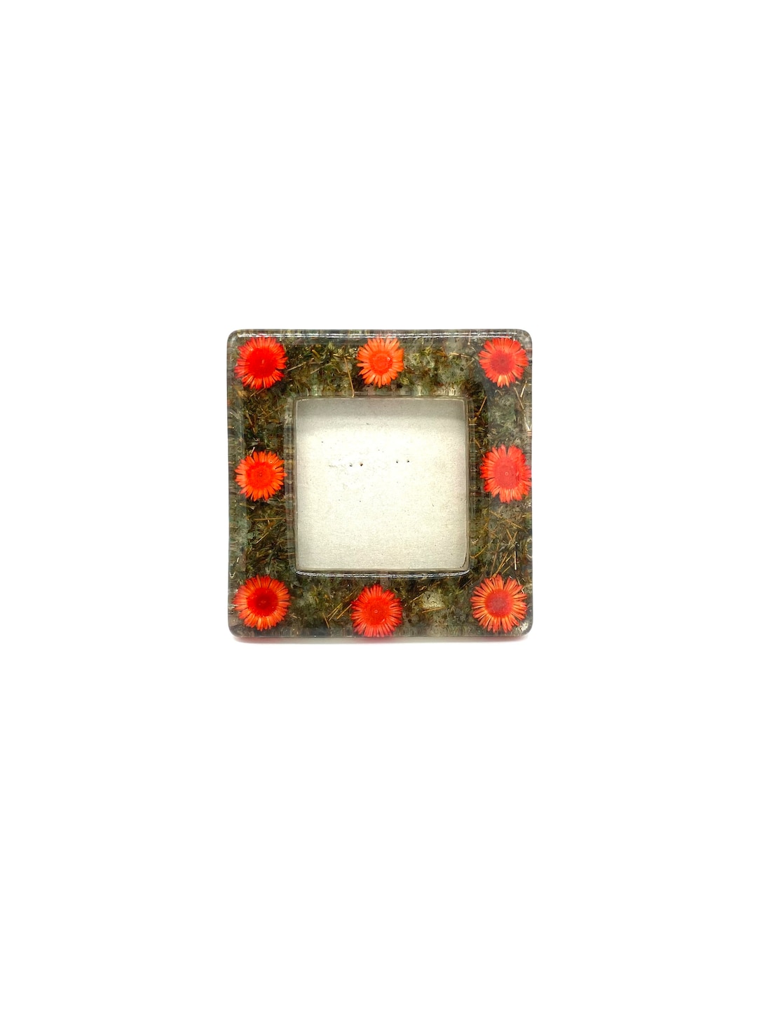 Vintage Funky Orange Pressed Flower Lucite Acrylic Small Square Picture ...