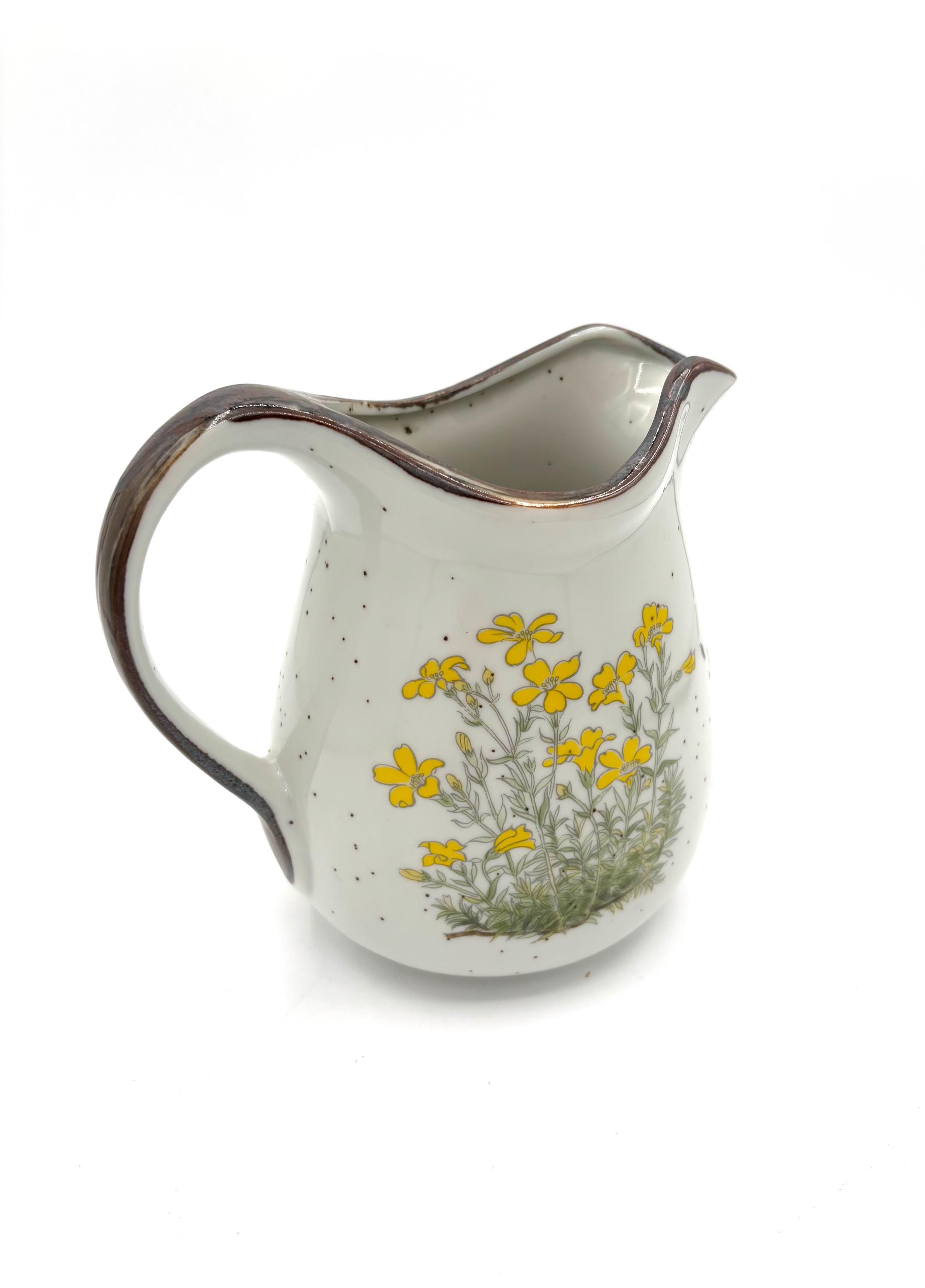 Vintage Retro 70s Pottery Yellow Floral Brown Speckle Stoneware Pottery ...